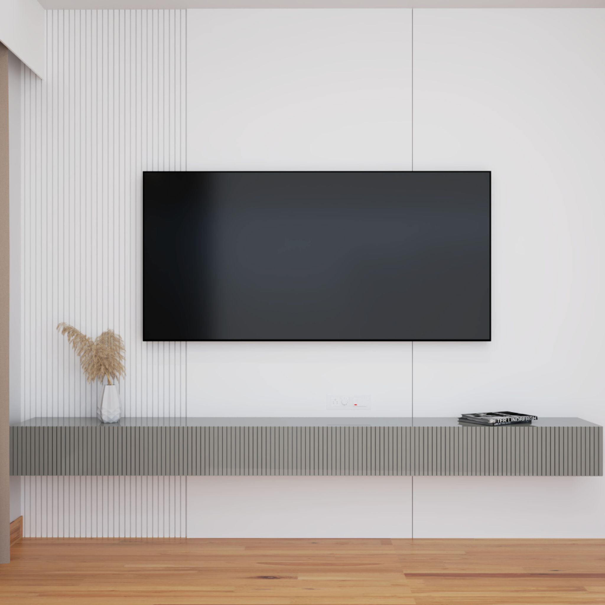 TV Unit Design With White Fluted Wall Panelling | Livspace