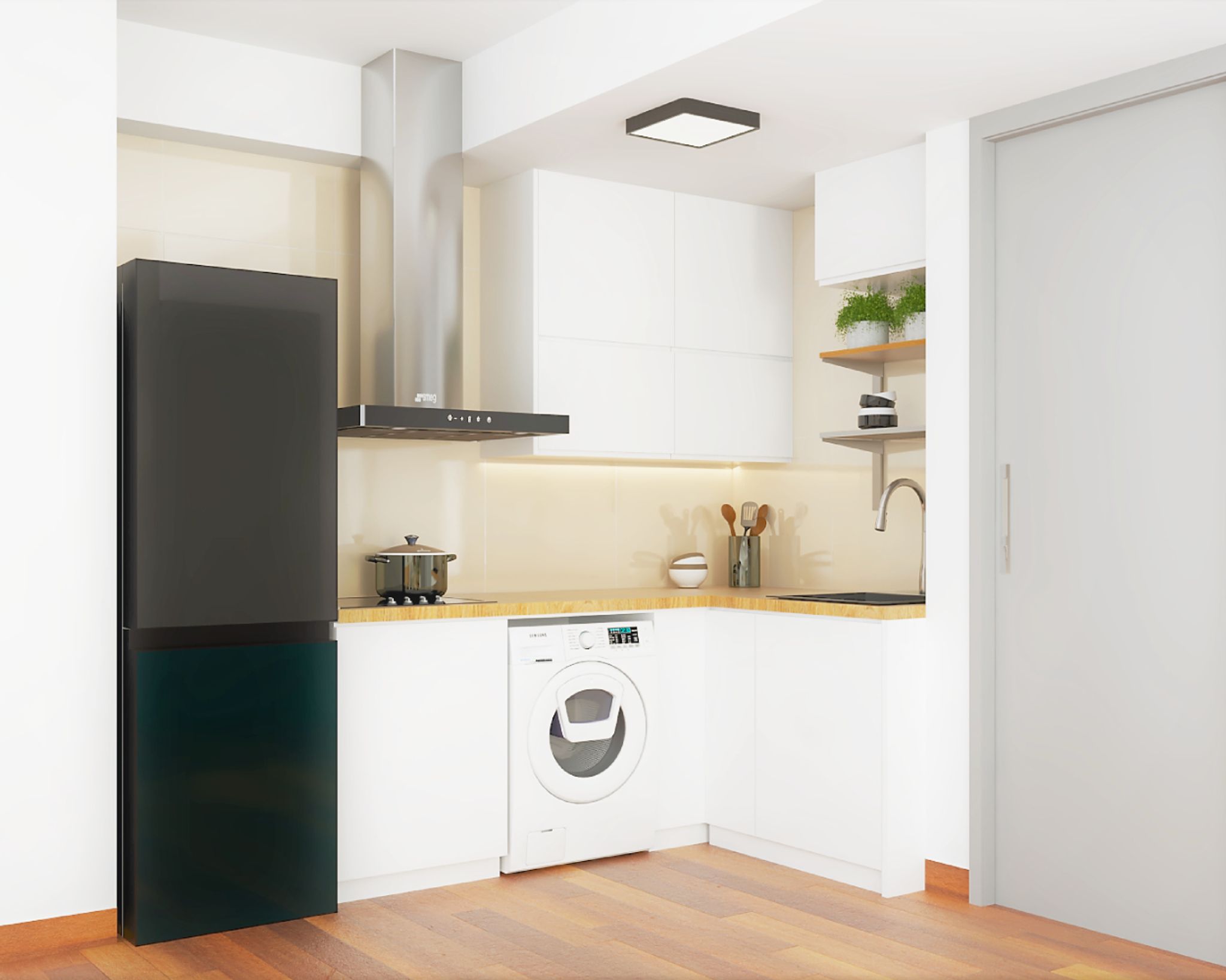 L-Shaped Kitchen Design With Lacquered Glass Backsplash | Livspace