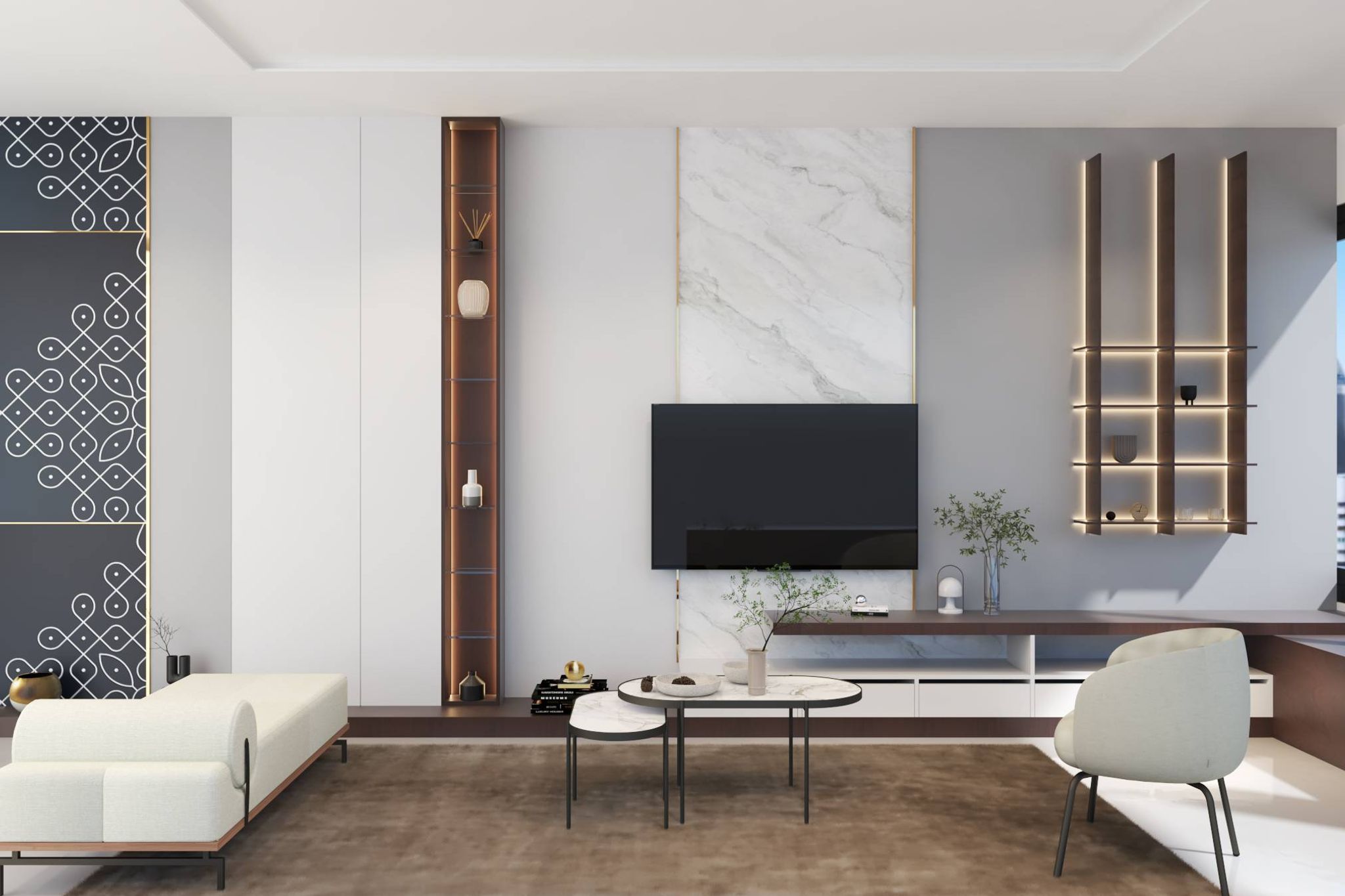 Sleek Wide TV Unit With White Marble Back Panel | Livspace