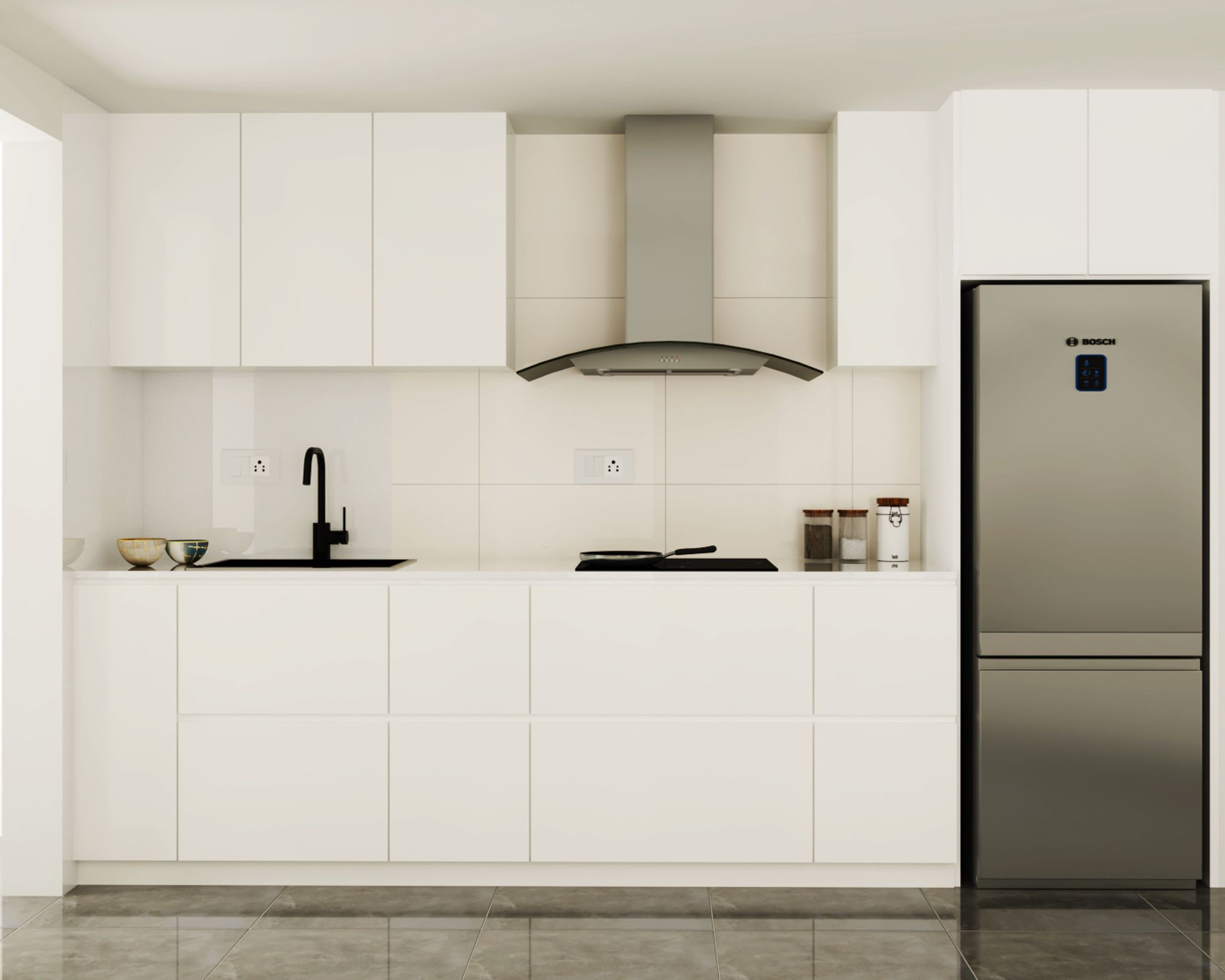 Compact White Kitchen Cabinet Design | Livspace