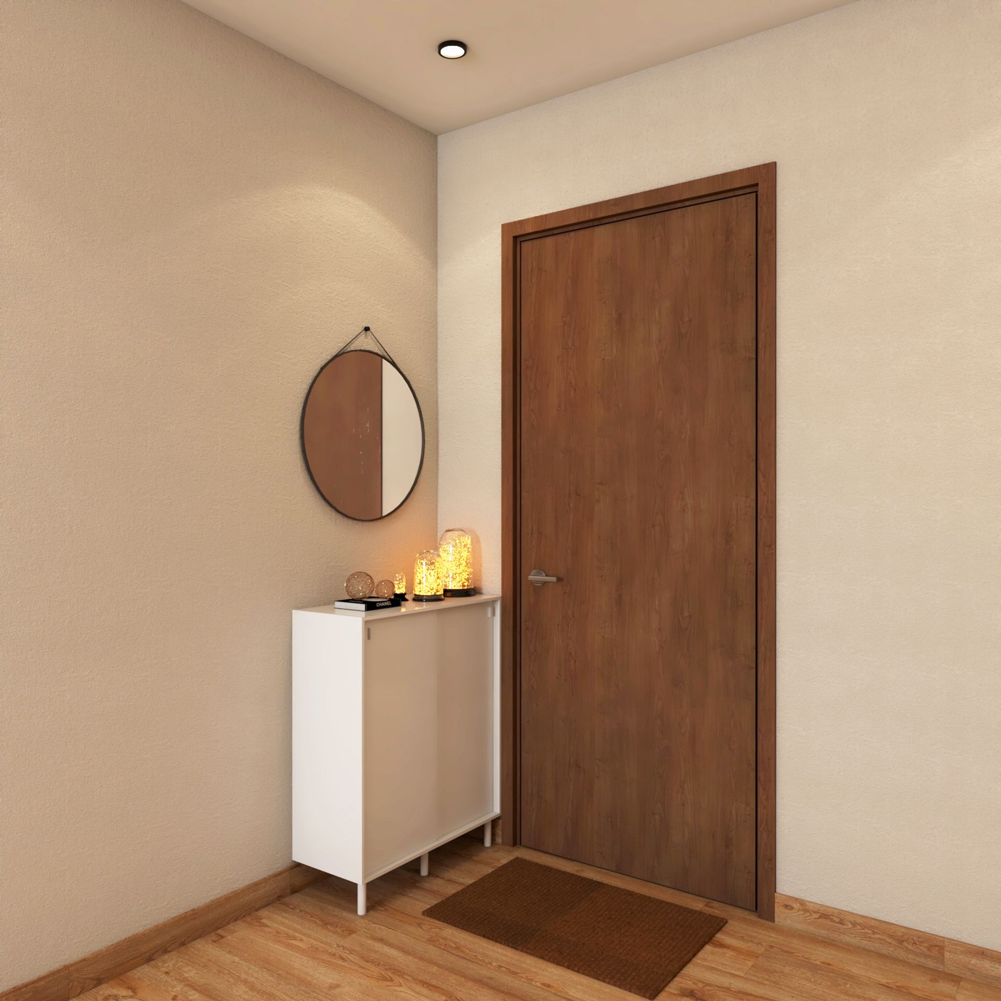 Compact Entrance Foyer Design With Textured Wallpaper And A Round Wall ...