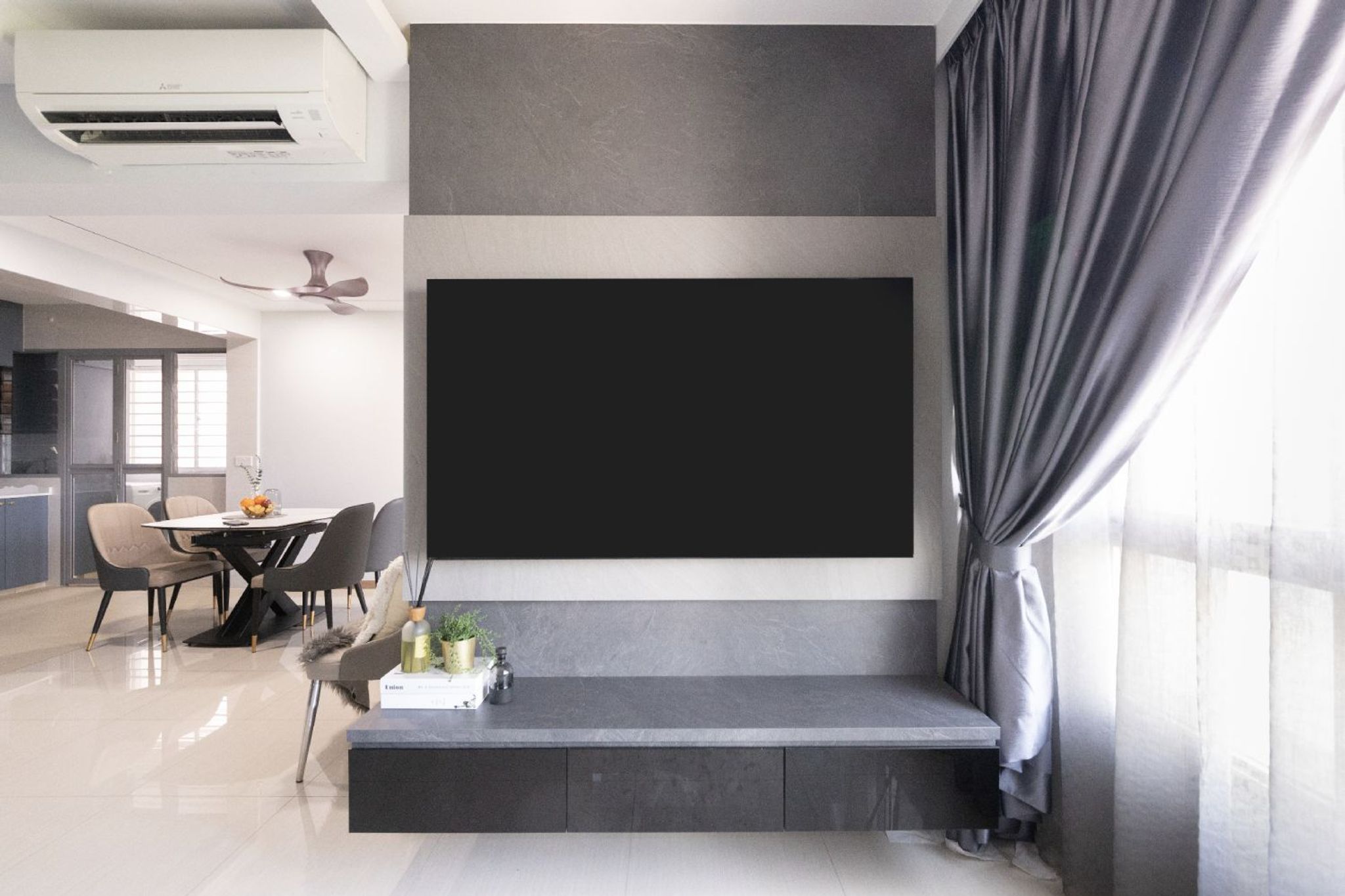 Grey Wall-Mounted TV Unit Design With Back Panel And Drawer Storage ...