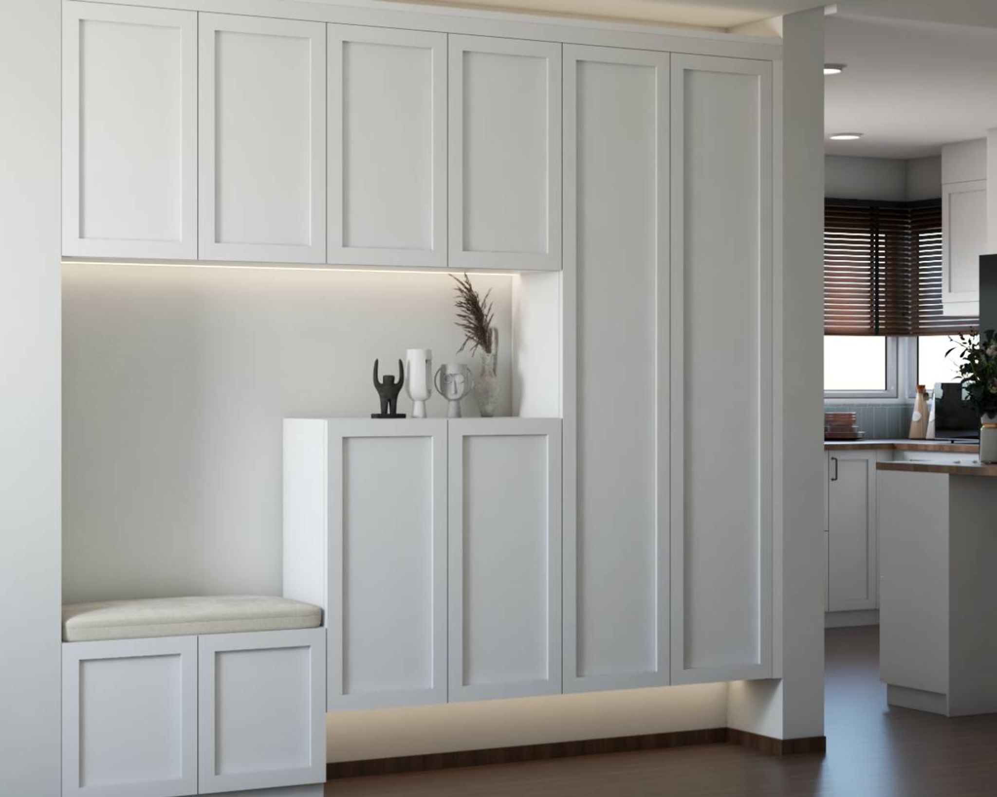 White Foyer Design With Integrated Seater And Storage Unit | Livspace