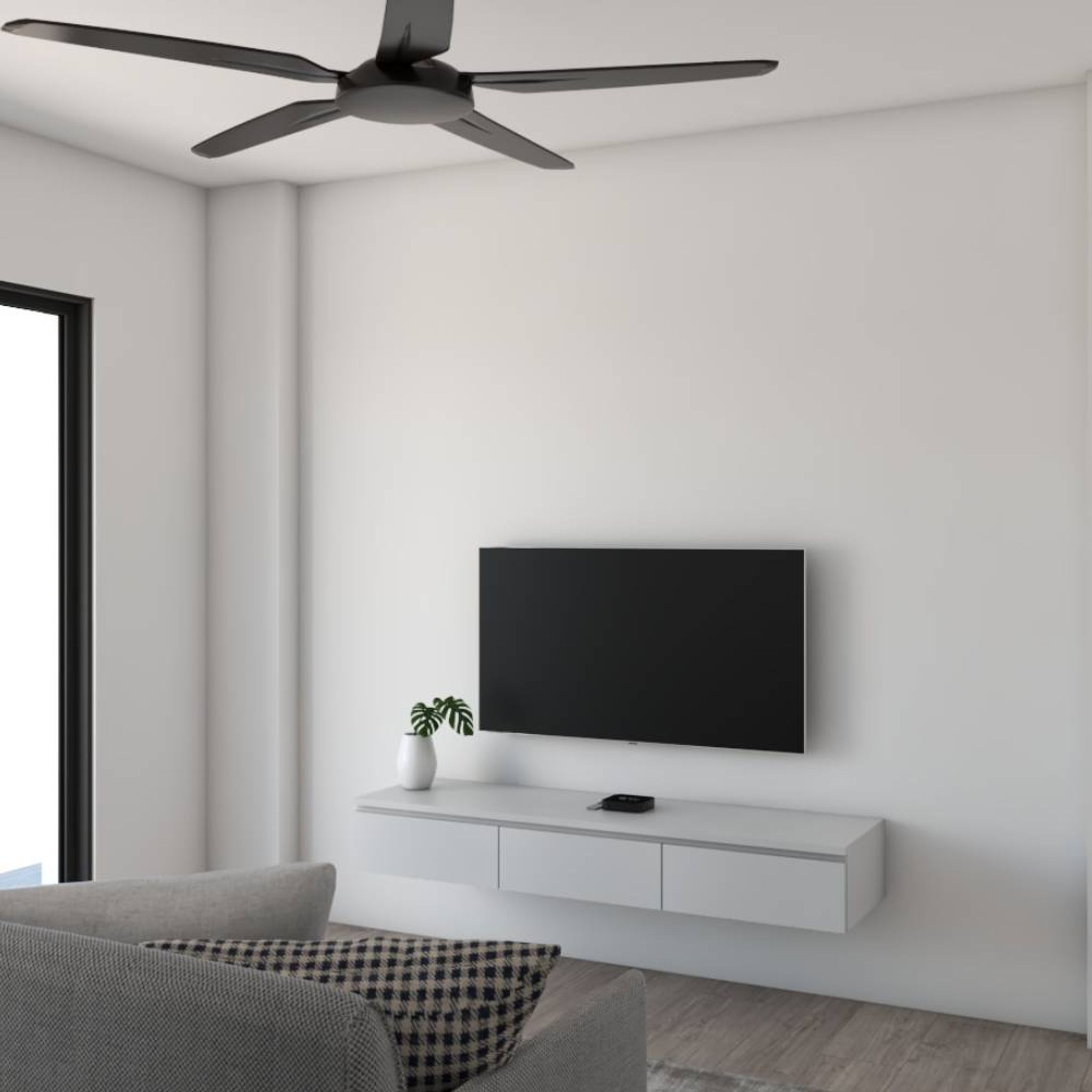 Wall-Mounted White TV Unit Design With Suede Laminates | Livspace