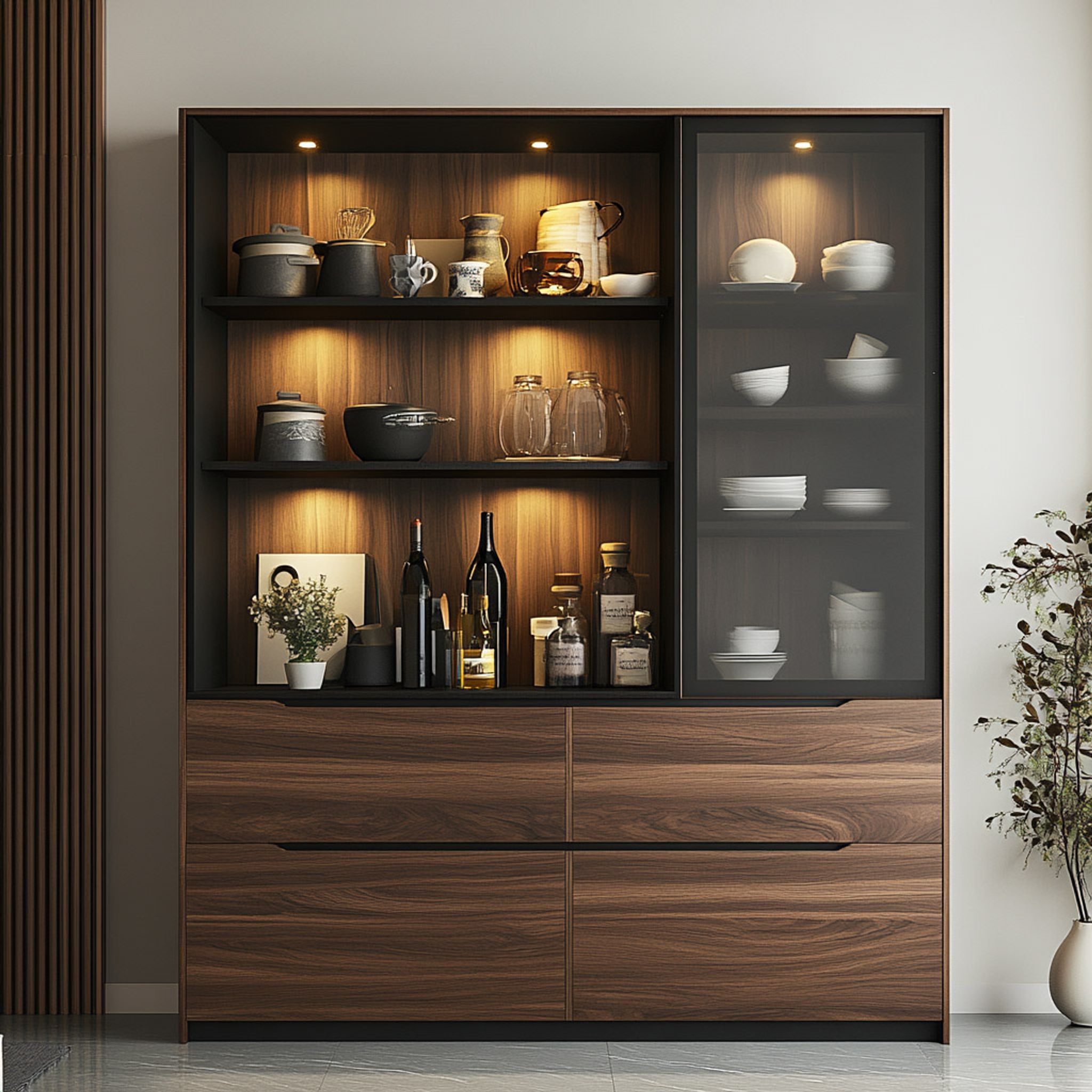 Crockery Unit Design with Contemporary Open Shelves and Glass Door ...
