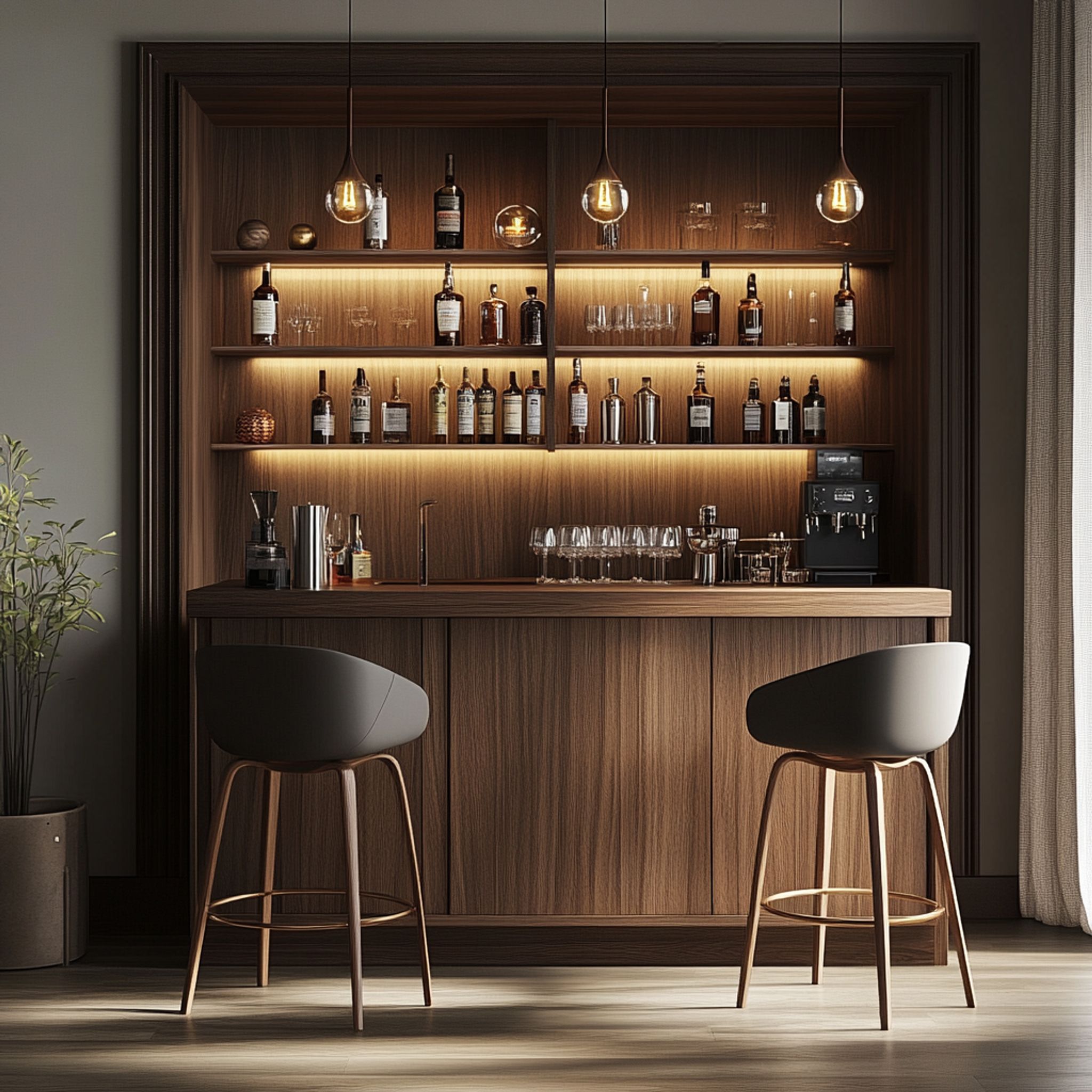 Modern Home Bar Design with Tawny Balsam, Slate, and Warm Lighting ...