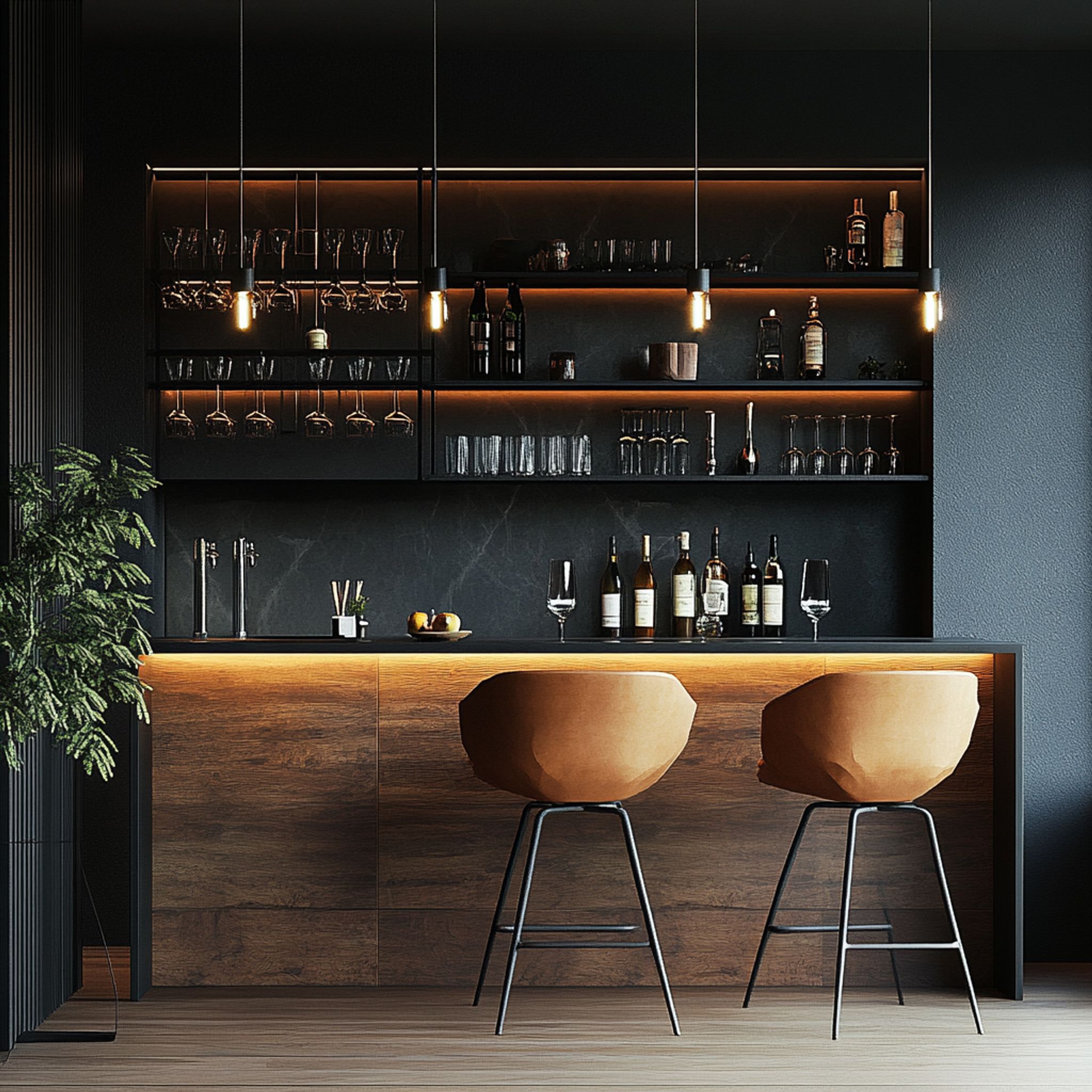 Sophisticated Modern Home Bar Design with Warm Lighting and Dark Colors ...