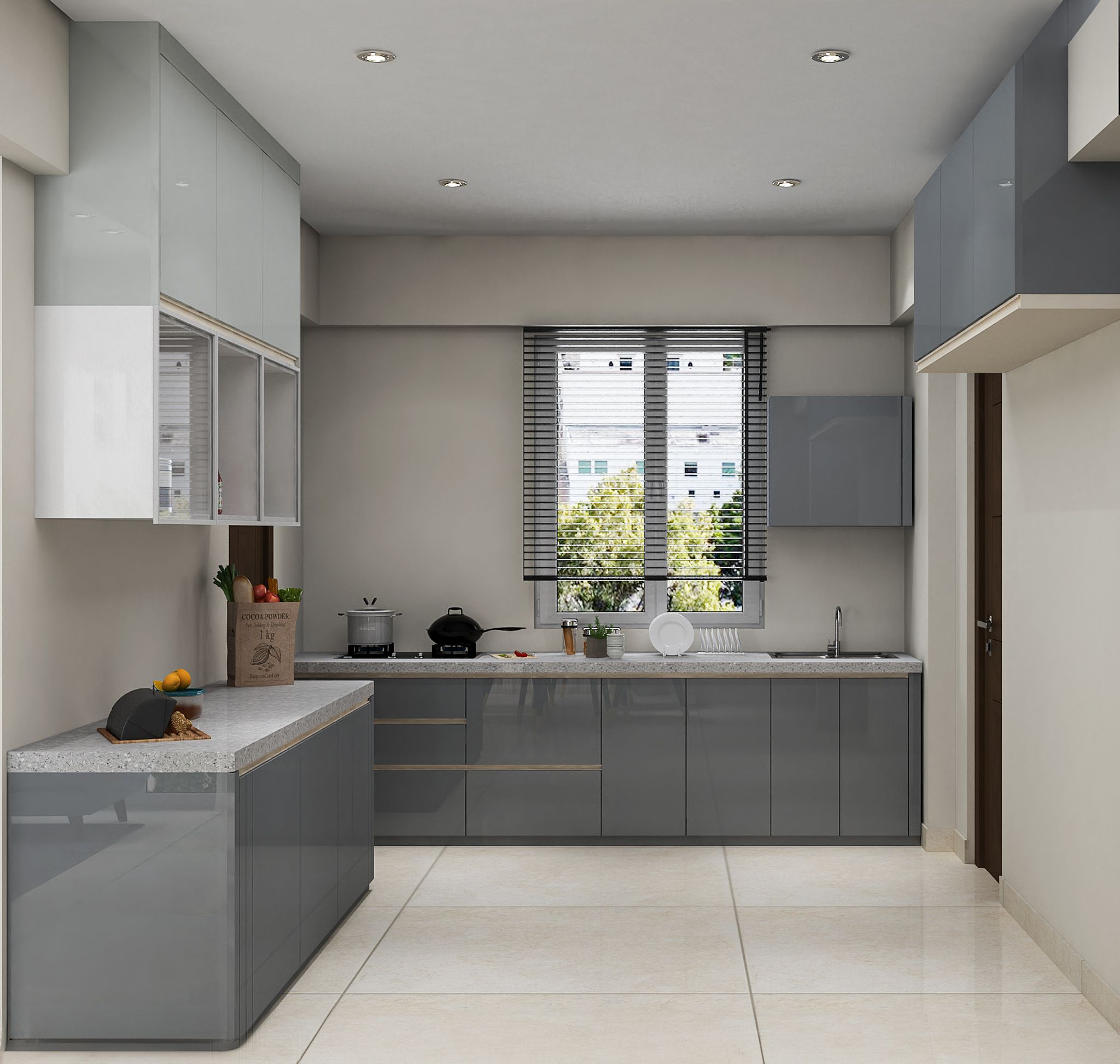 Minimal L-Shaped Kitchen Design with Brass Handles, Glossy Cabinets and ...