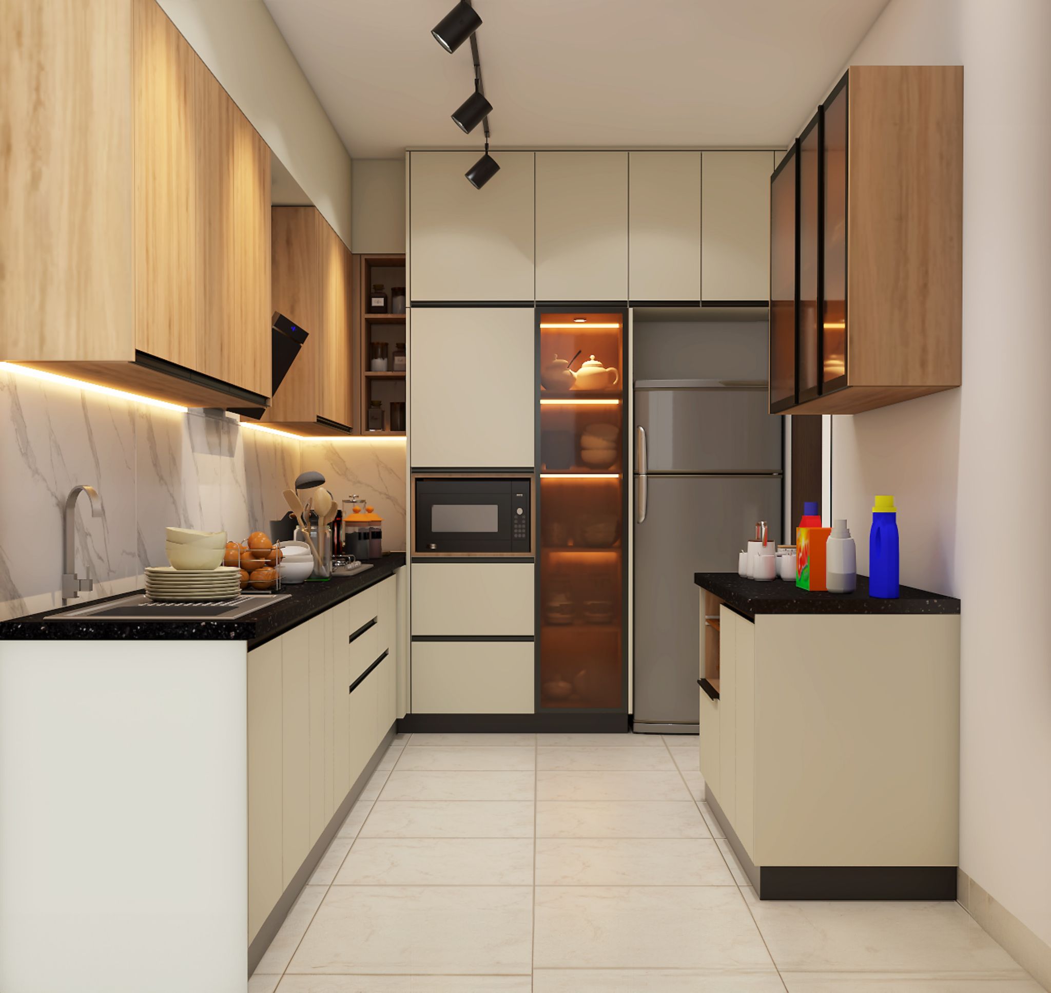 L-Shaped Contemporary Kitchen Design with White and Walnut Cabinets ...