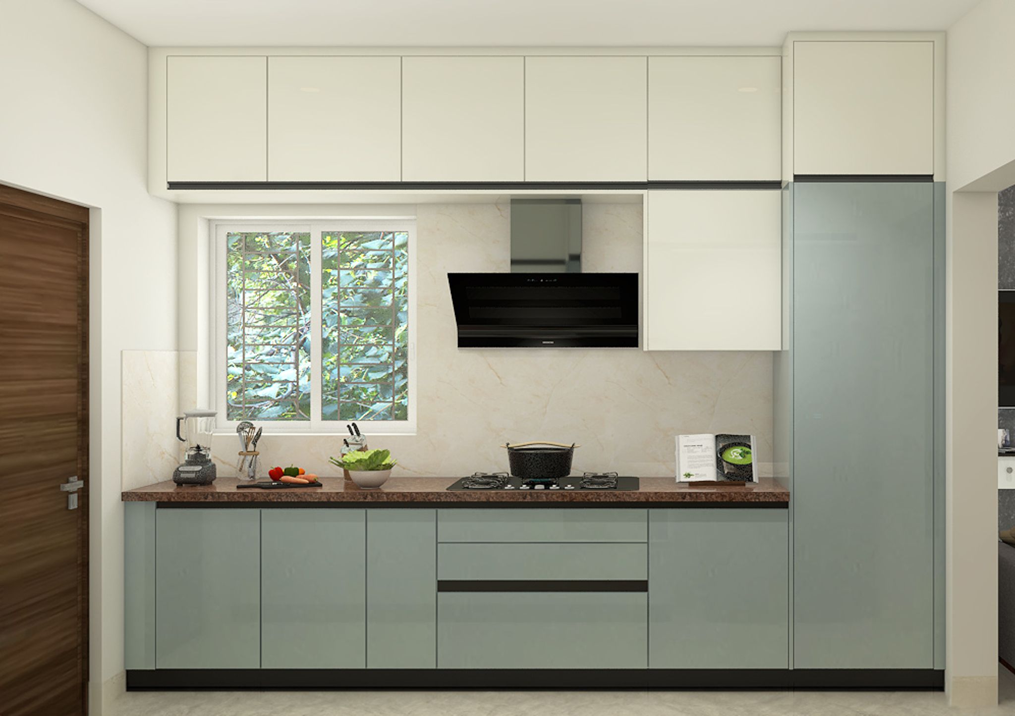 Contemporary Parallel Kitchen Design with Loft Storage, Marble Dado ...