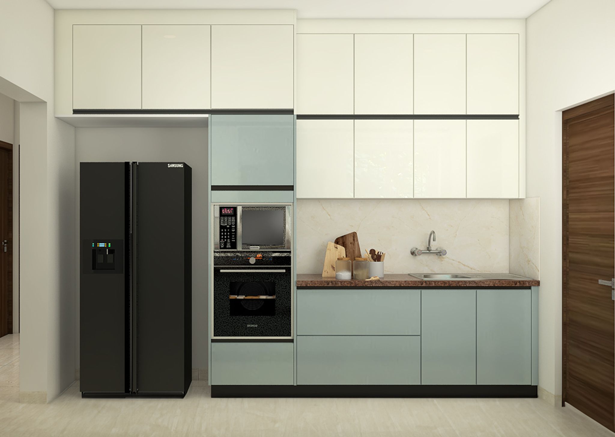 Contemporary Parallel Kitchen Design with Loft Storage, Marble Dado ...