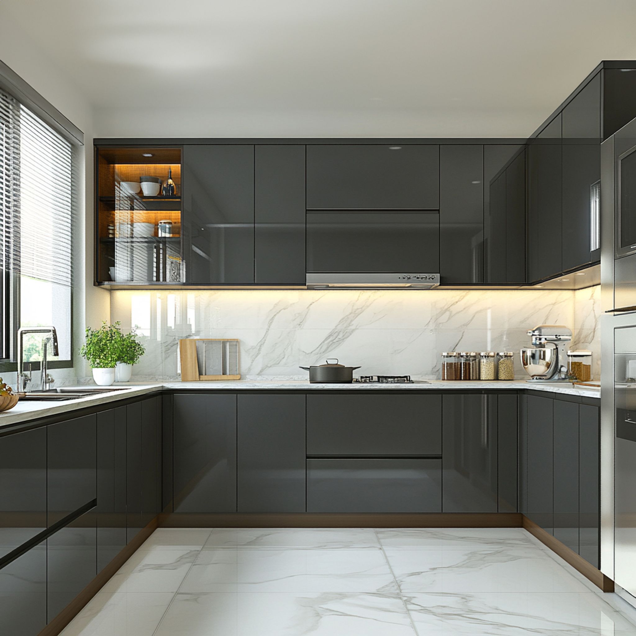 U-Shaped Modern Kitchen Design with Grey Cabinets, Quartz Countertop ...