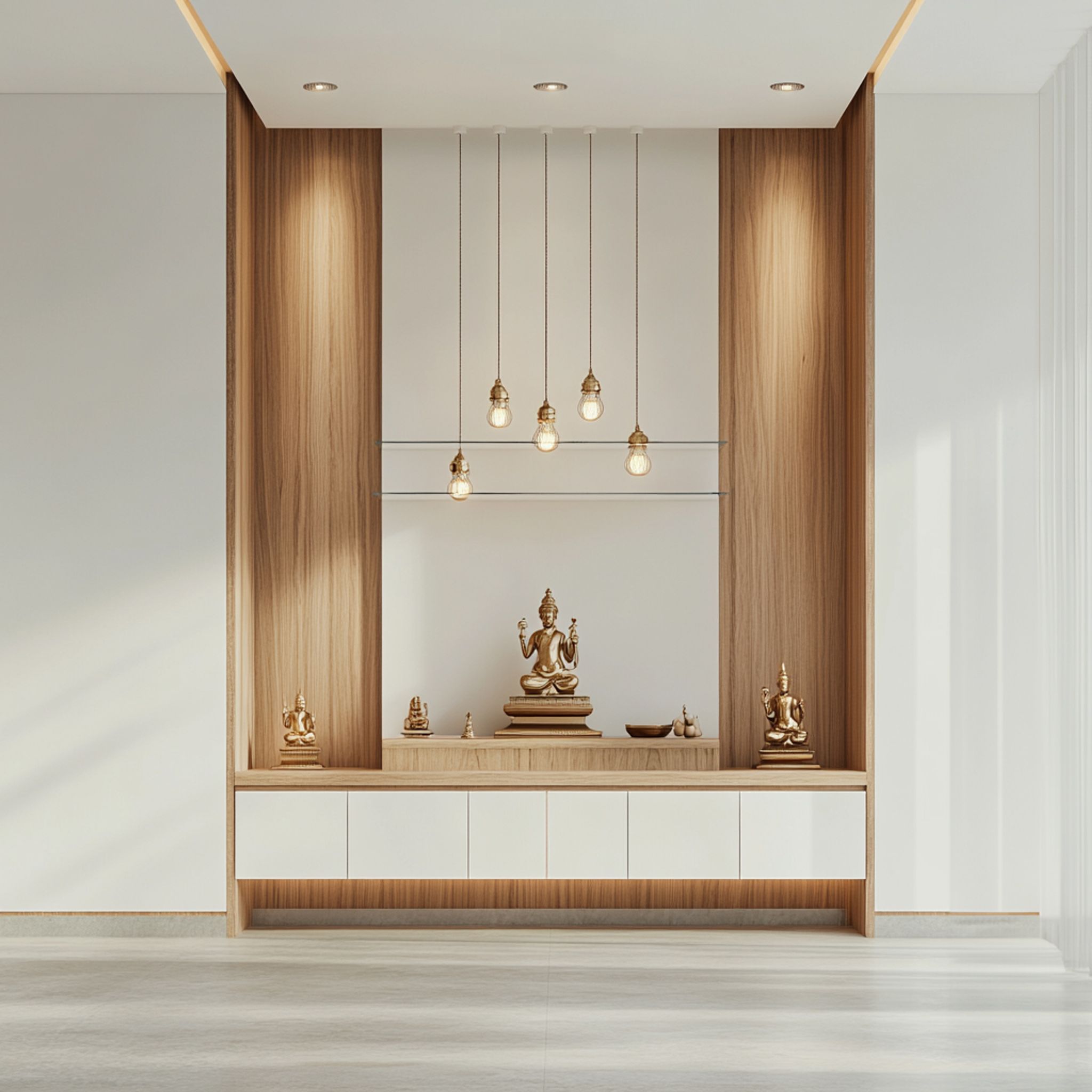 Pooja Room Design with Contemporary Wall-Mounted Storage Drawers and ...