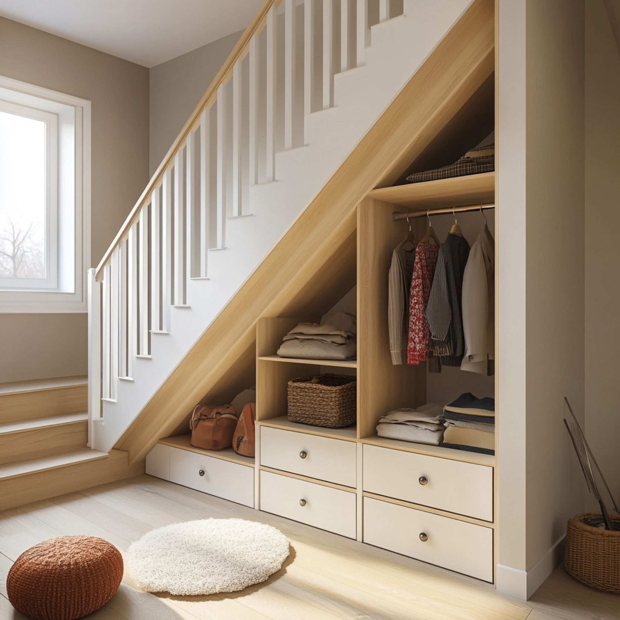 Sleek Under-Stair Storage Design with Open Shelves for Practical ...