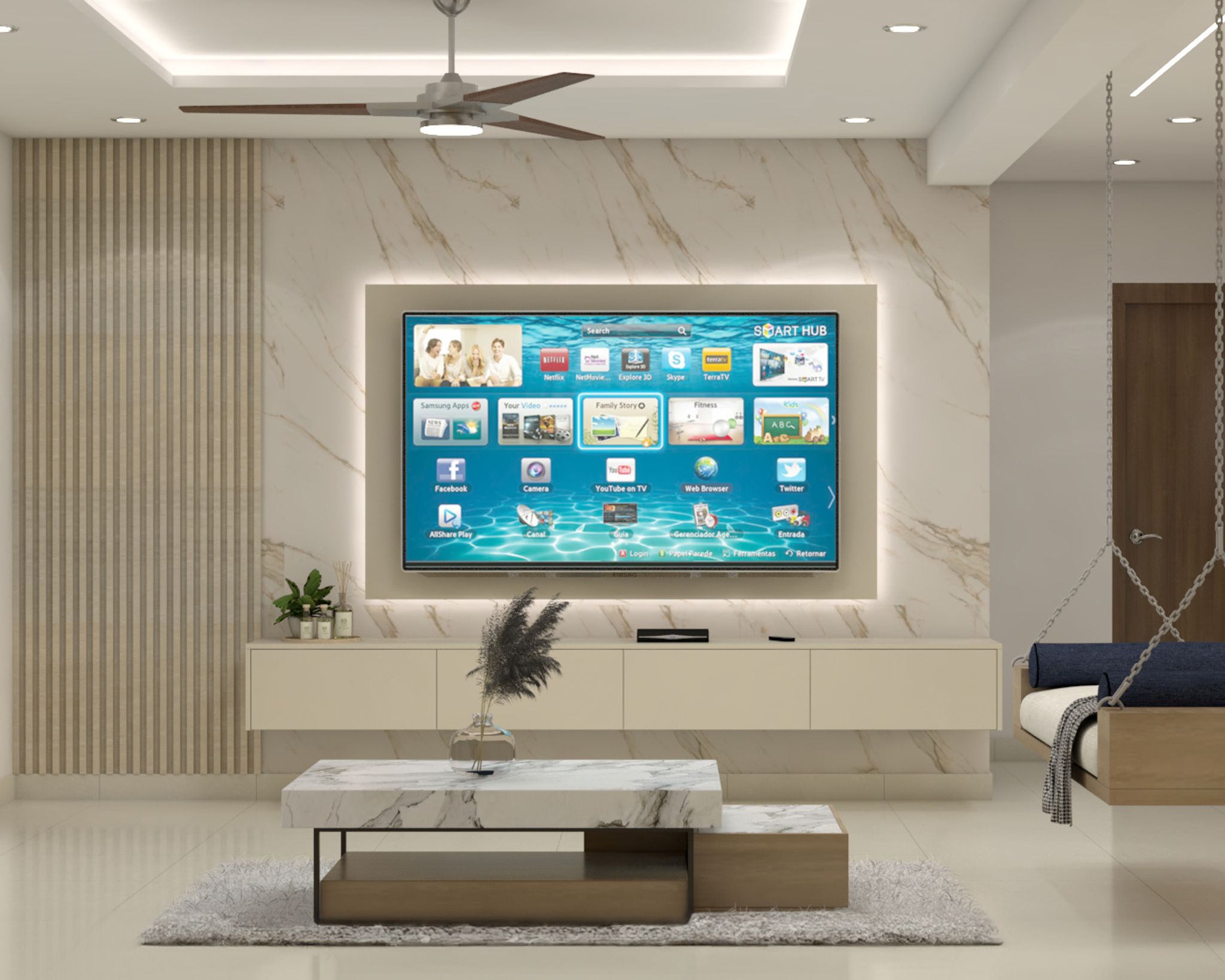 TV Unit Design with Modern Wall-Mounted Drawer and Textured Marble ...