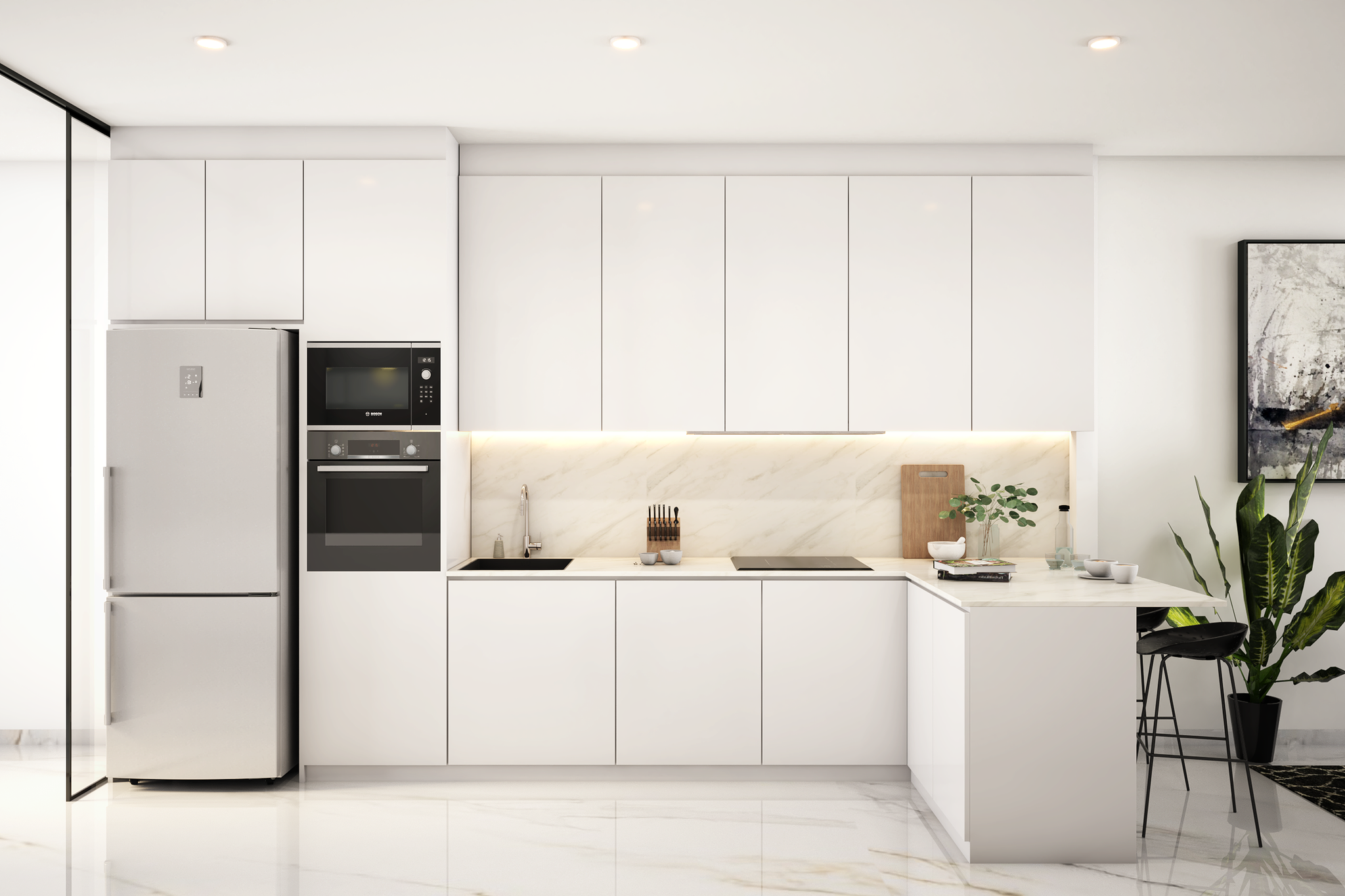 Pure White U-Shaped Kitchen Design with Open Layout | Livspace