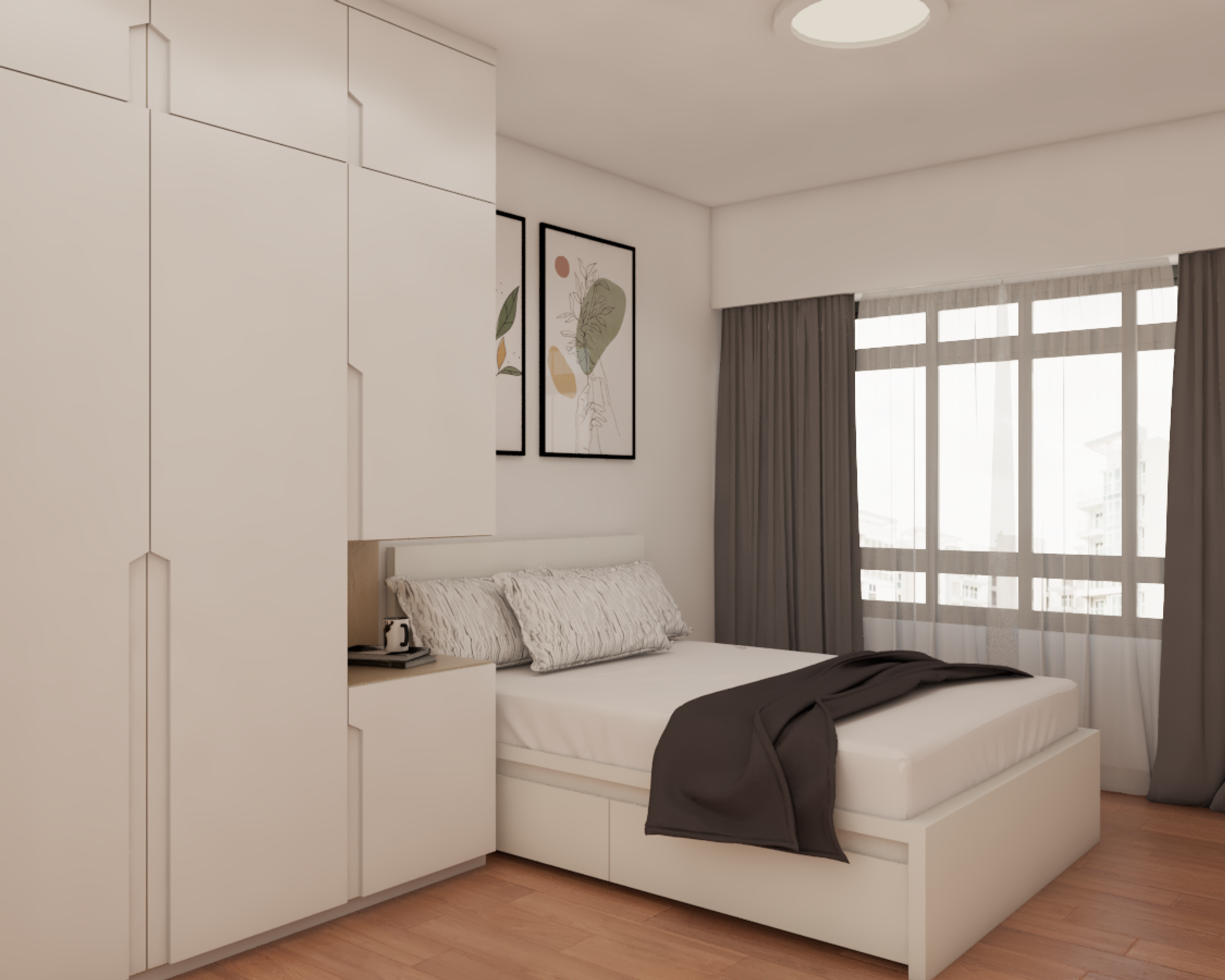 Beige Master Bedroom Interior Design with Wardrobe and Loft | Livspace