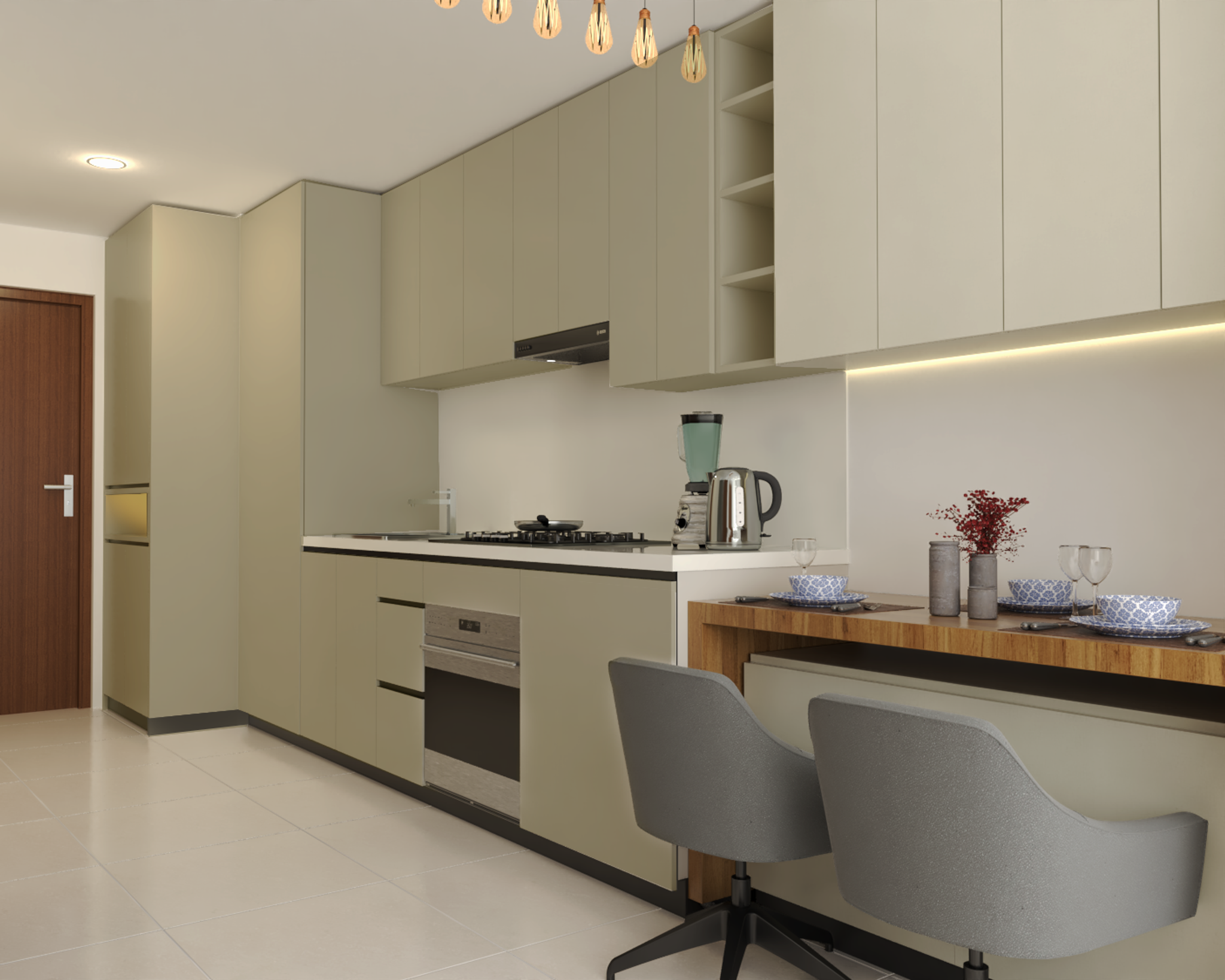 Light Tone Modern Kitchen Design with Breakfast Counter | Livspace