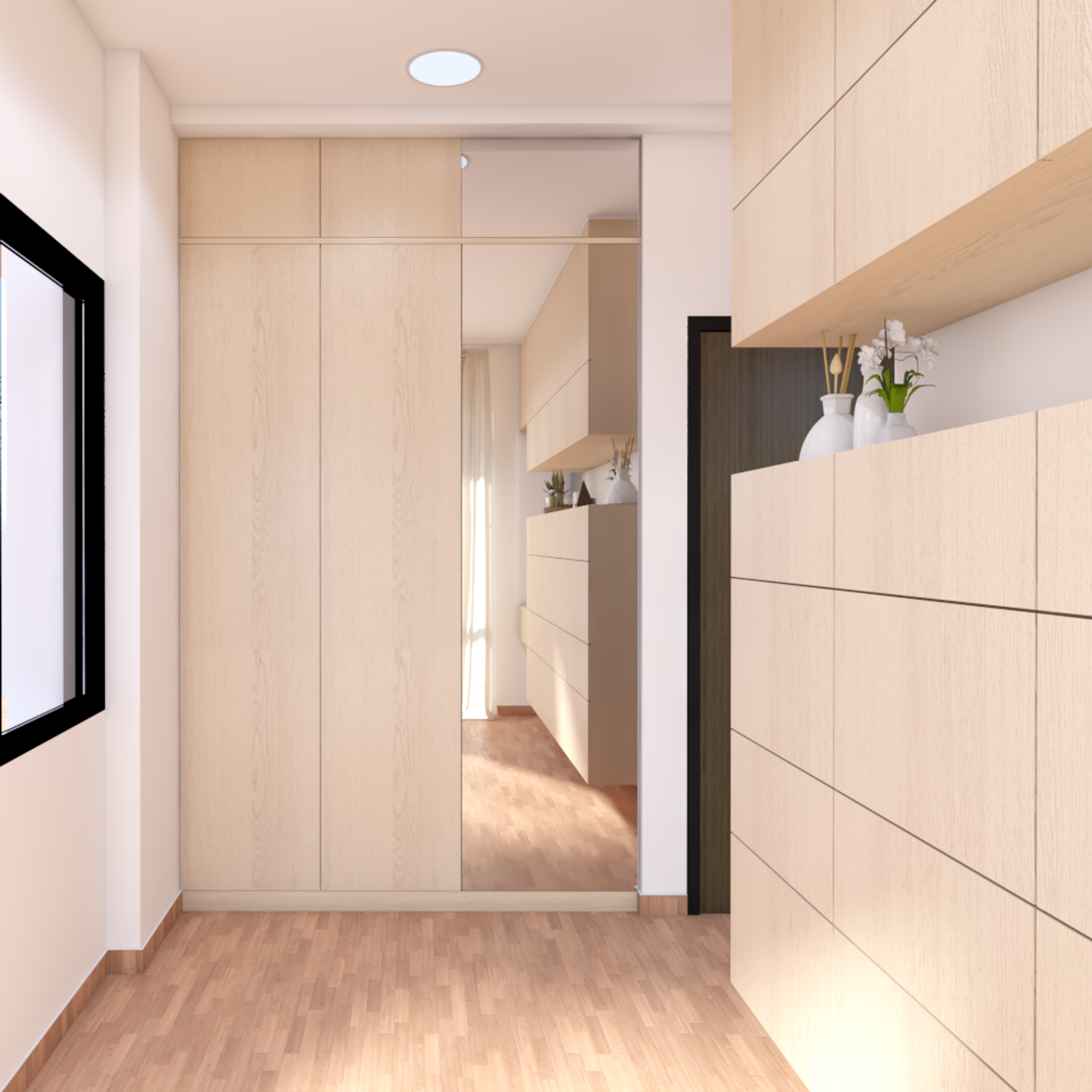 Beige Gap Section Wardrobe Design with Ceiling to Floor Mirror | Livspace