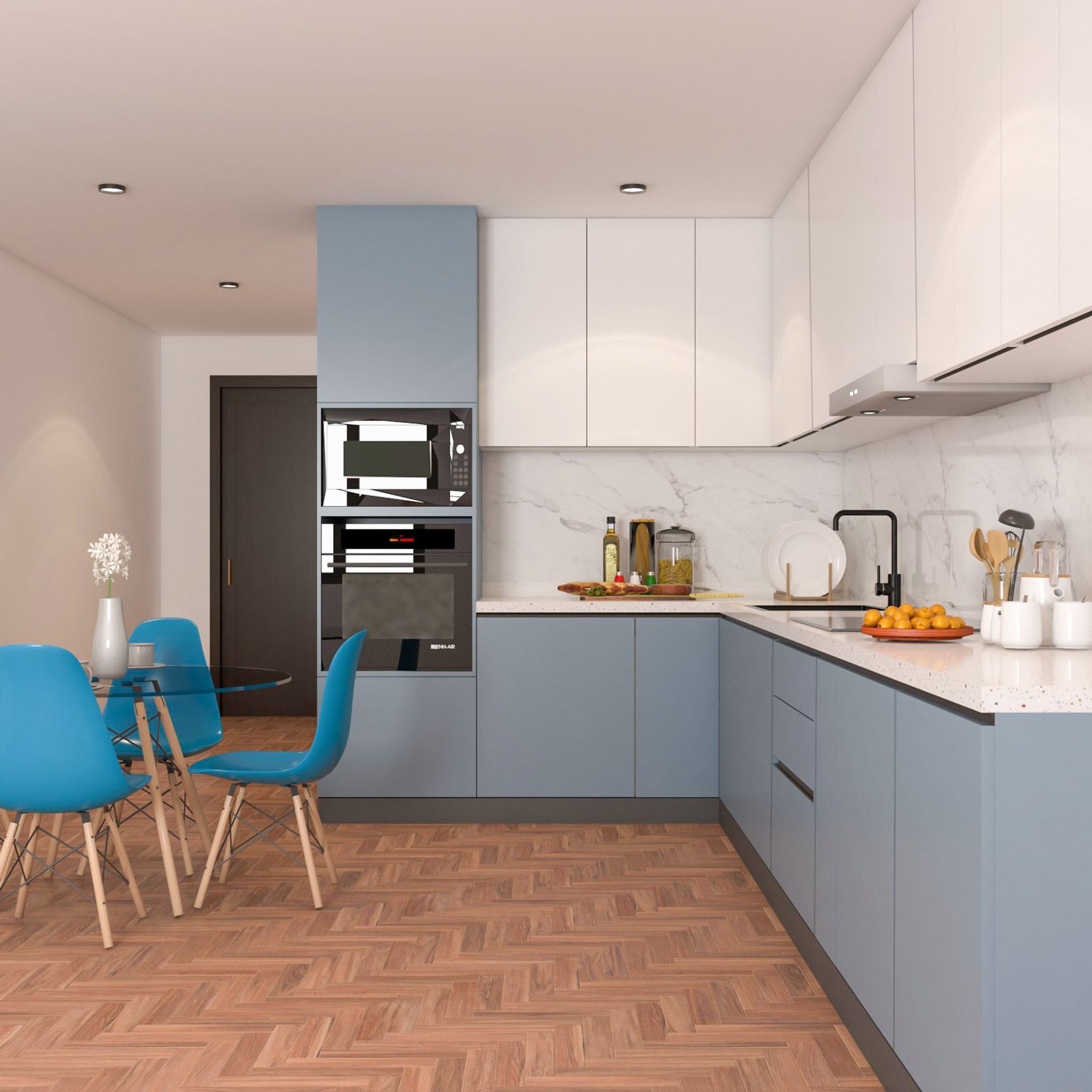 Blue And White L Shaped Modular Kitchen Design With Marble-Finish Dado ...