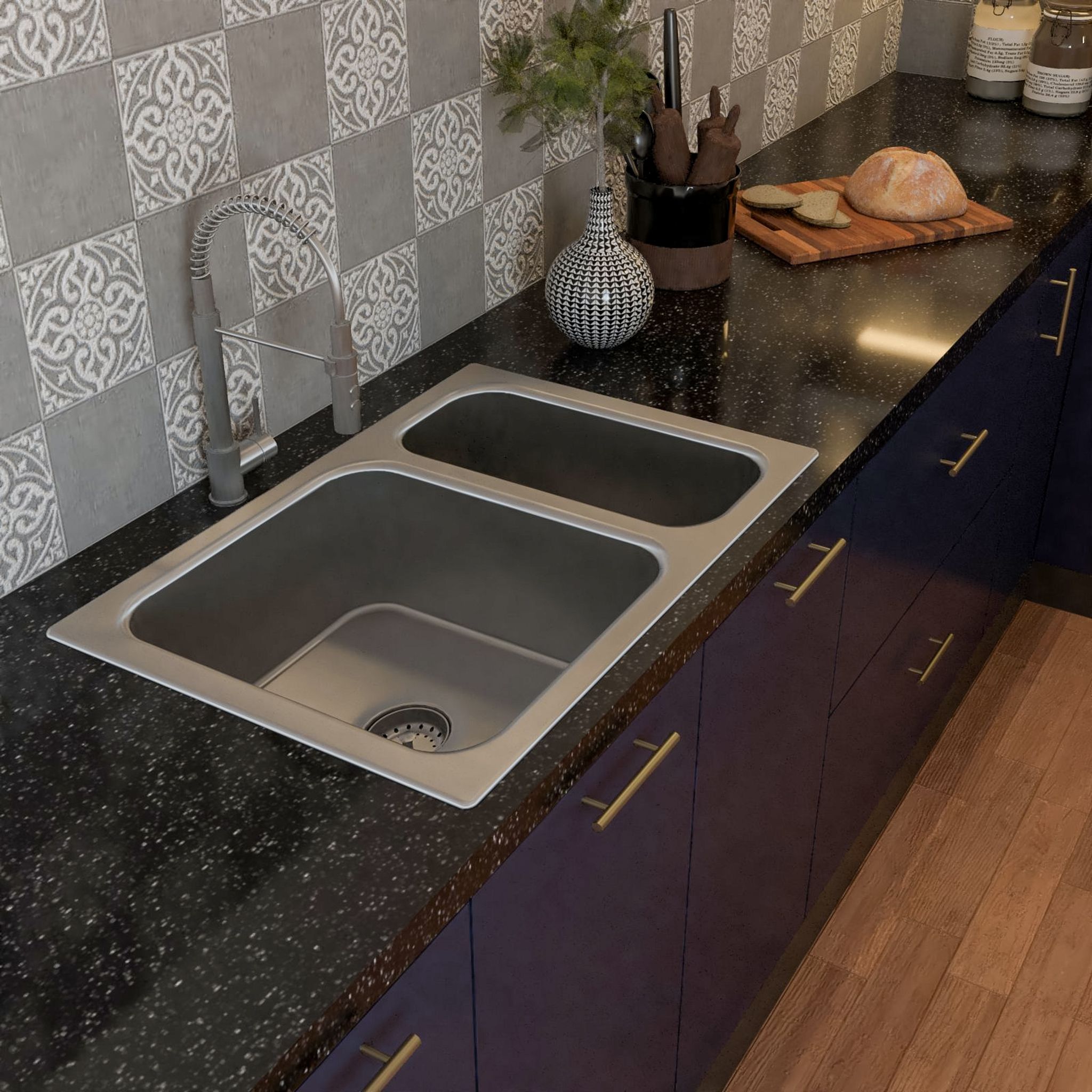 Top Mount Quartz Double Bowl Basin Wash With Black Countertop | Livspace