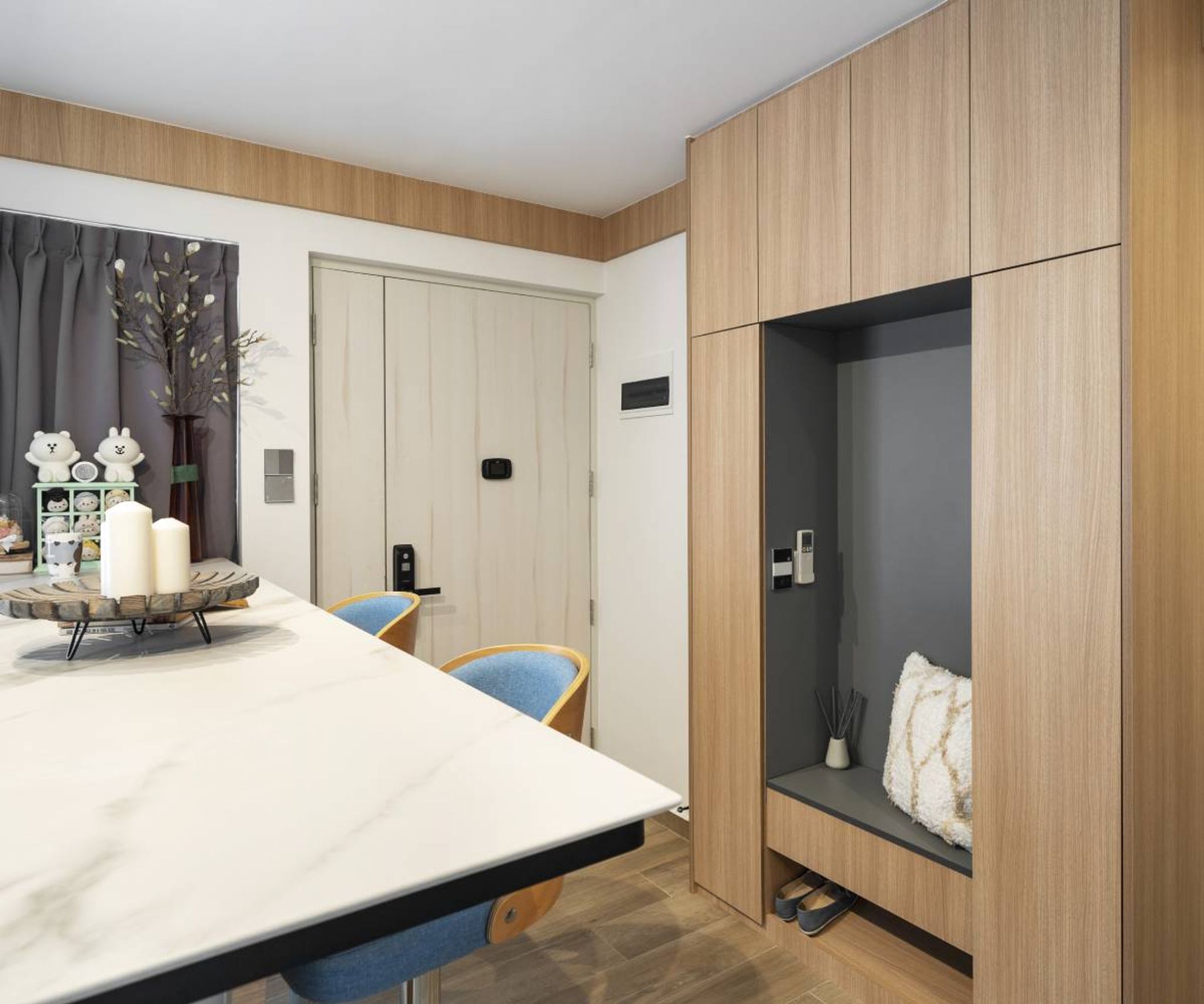 Brown And Grey Foyer Design With Wooden Storage Unit | Livspace