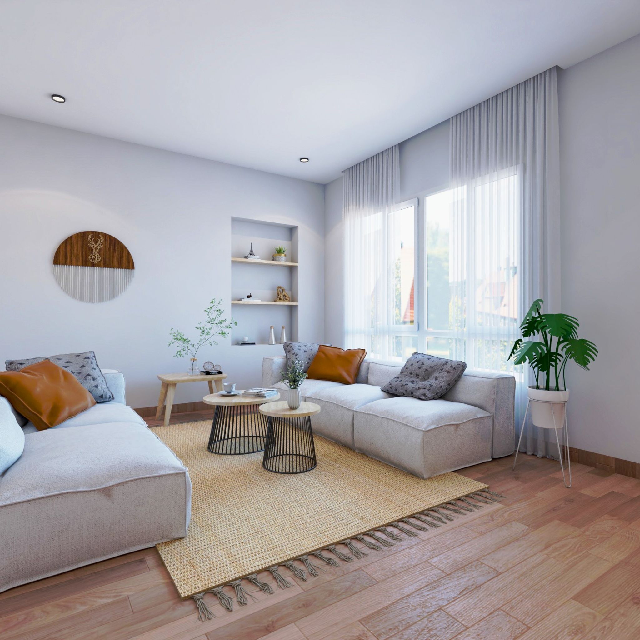 Living Room Design With White Parallel Floor Sofa - 18 m² | Livspace