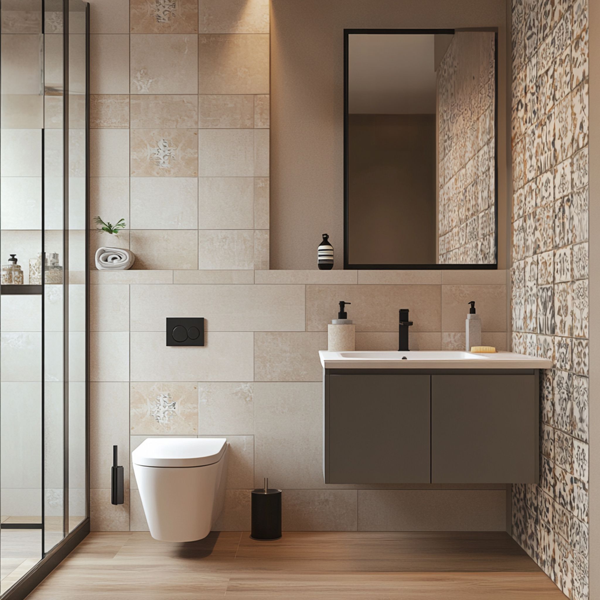 Bathroom Design with Rustic Glass Shower, Beige Tiles, and Rectangular Mirror | Livspace