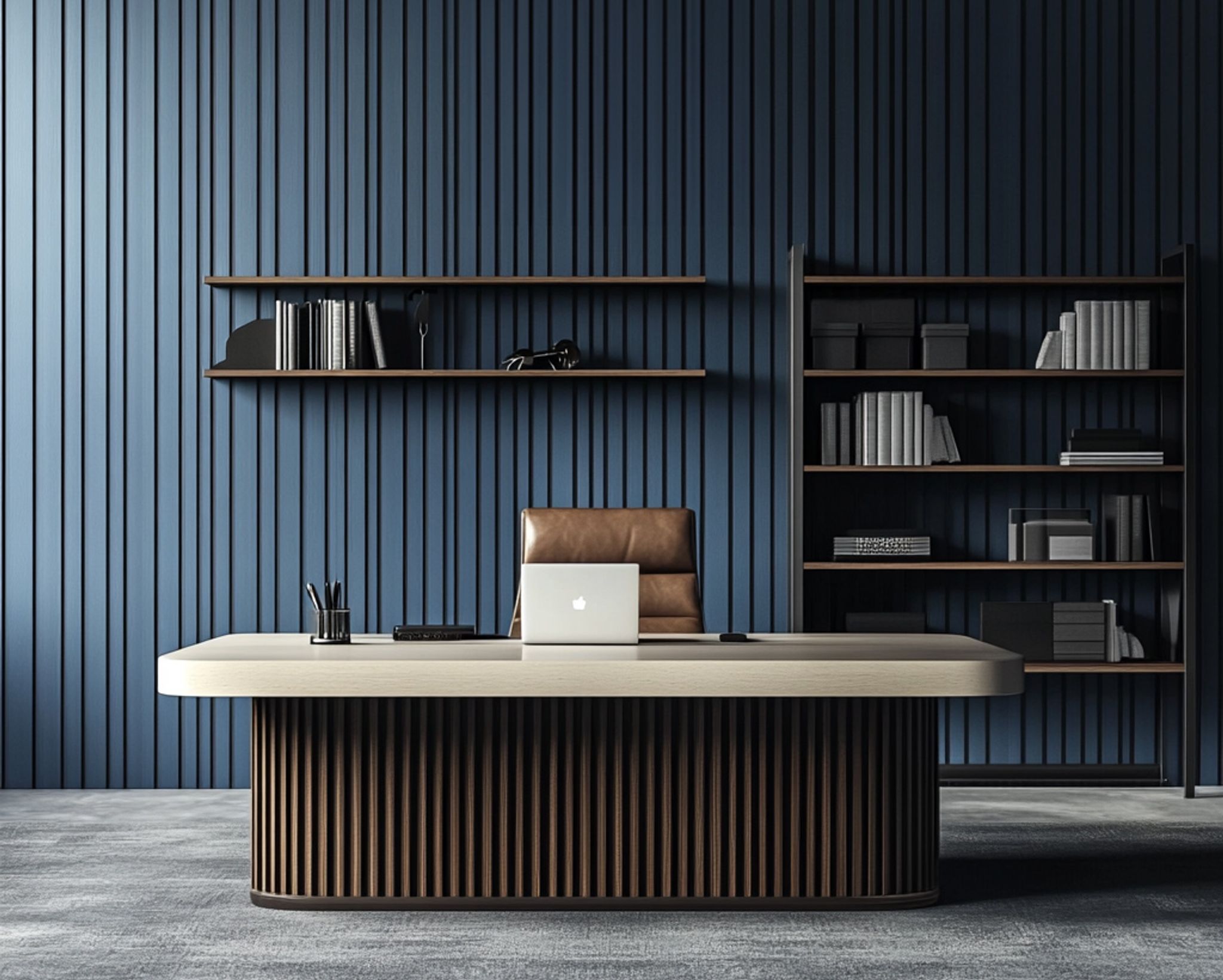 Stylish Modern Home Office Design with Deep Blue Wall, White and Wooden ...