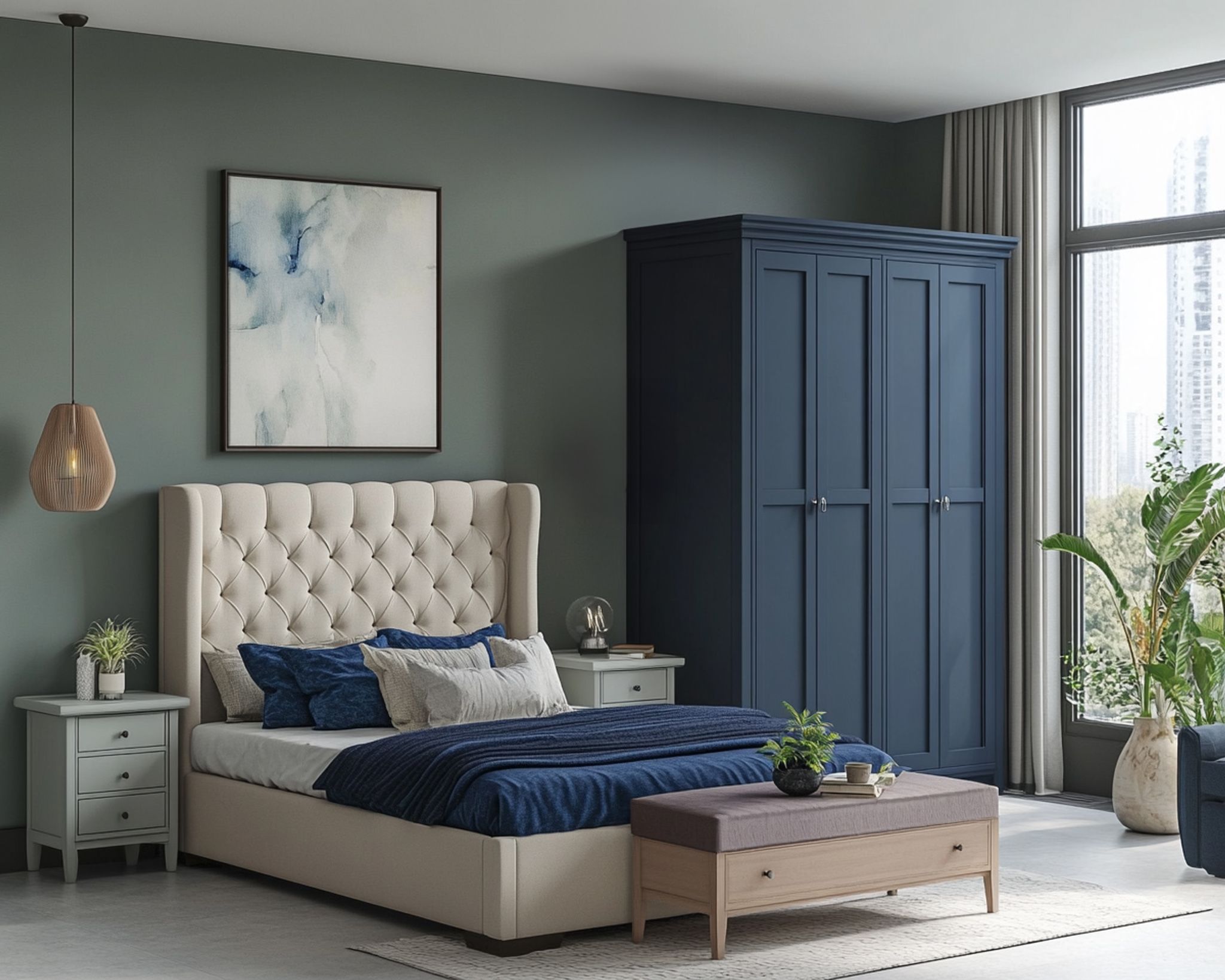 Master Bedroom Design with Contemporary Bold Colors and Blue Four-Door ...