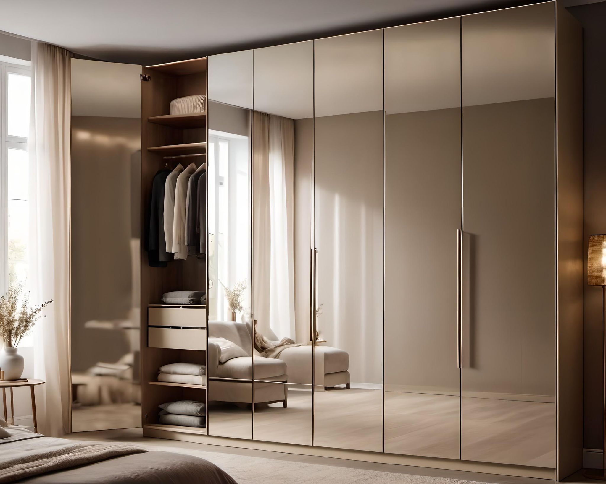 Beige 6-Door Modern Wardrobe Design: Floor-to-Ceiling with Mirror ...