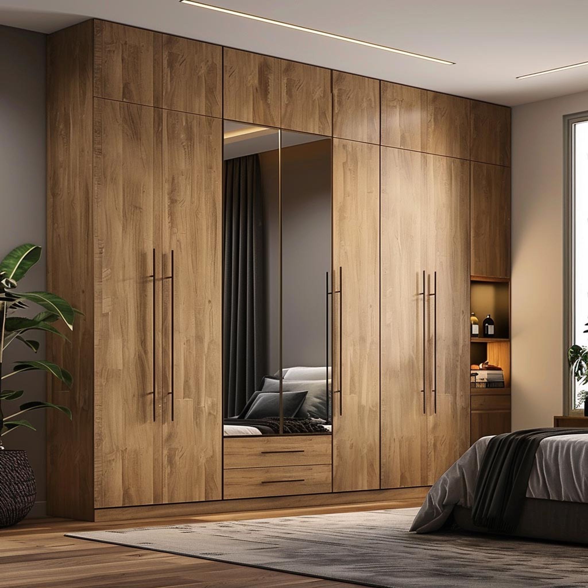 Contemporary 2-Door Wooden Wardrobe Design with Full-Length Mirror and ...