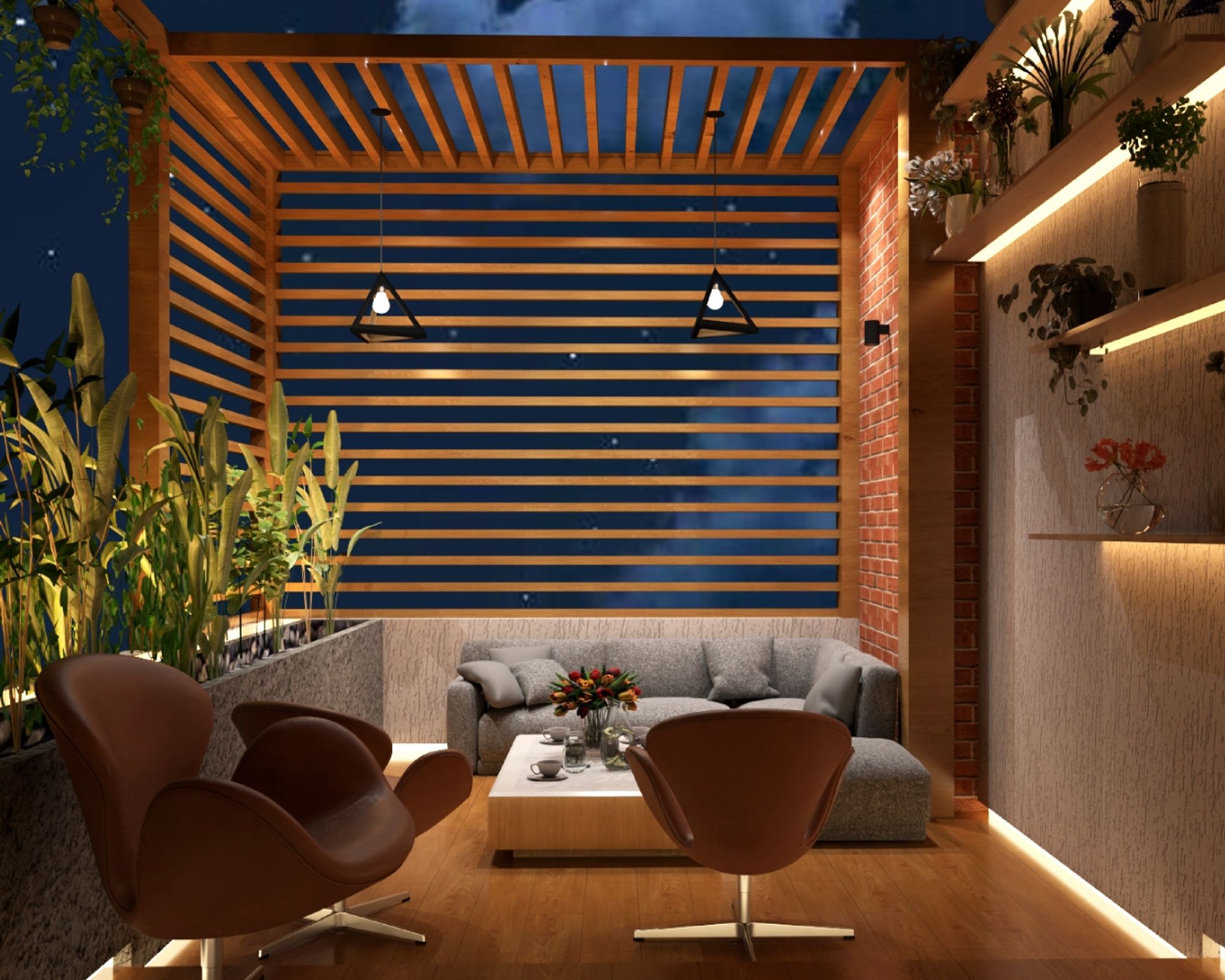 Balcony Design with Modern Wooden Pergola, Swivel Chairs and Brick ...