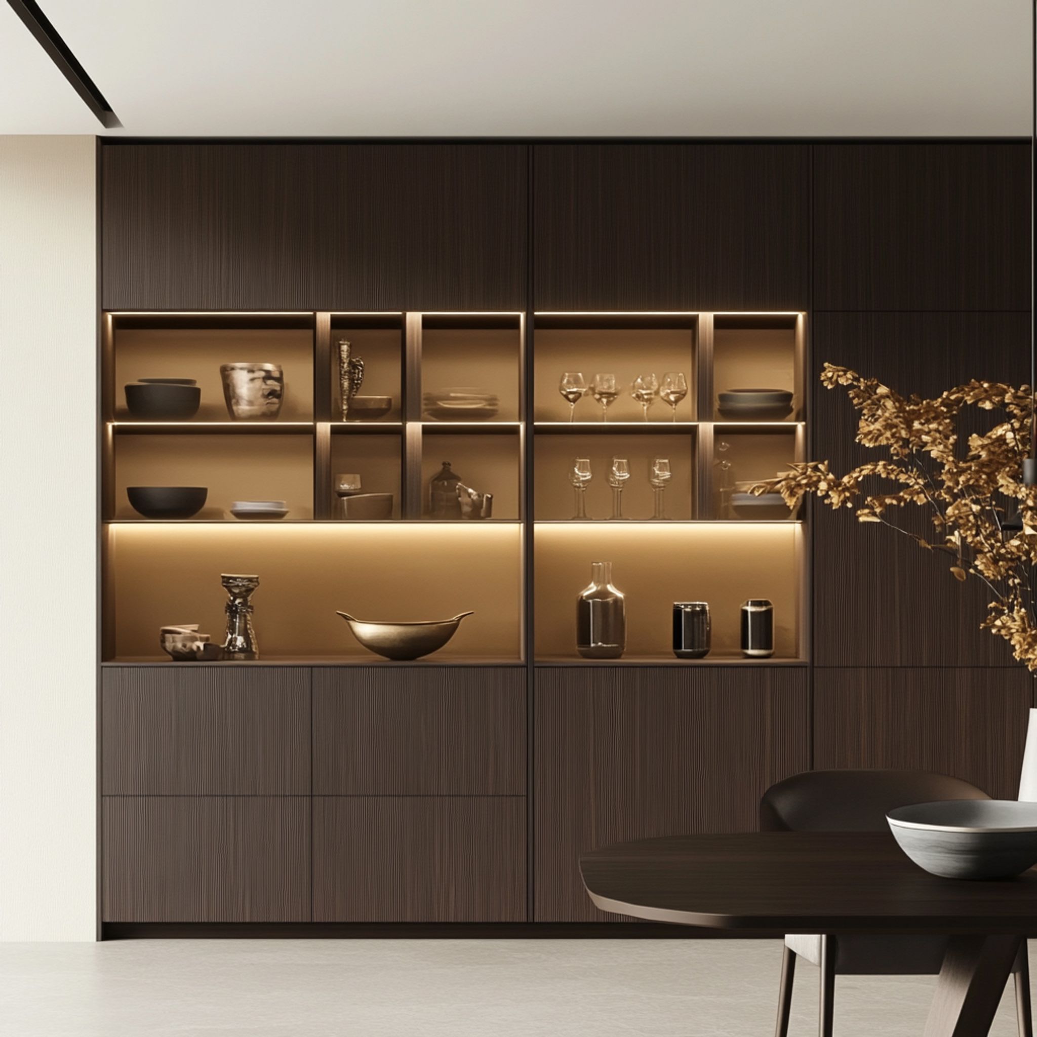 Grand Modern Crockery Unit Design with Open Niches and Push Cabinets ...