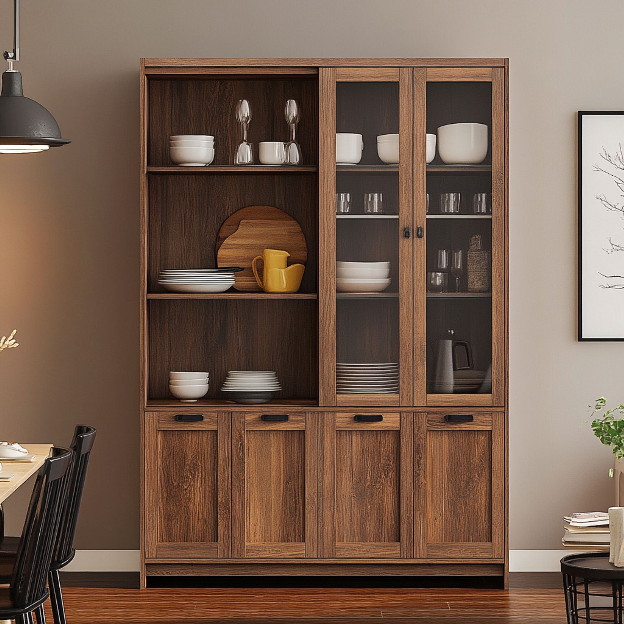 Rustic Crockery Display Unit Design with Glass and Concealed Shelves ...