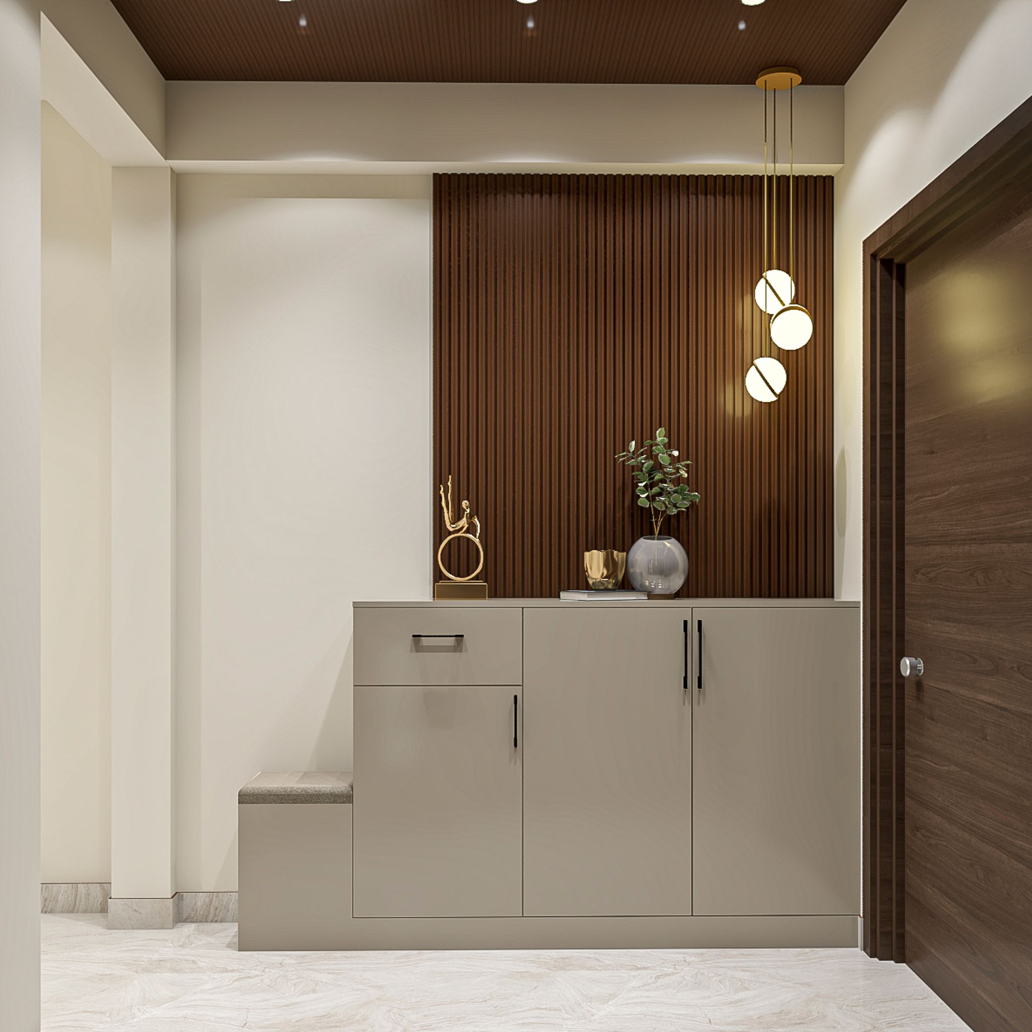Modern Foyer Design Featuring Integrated Storage and Cushioned Seating ...