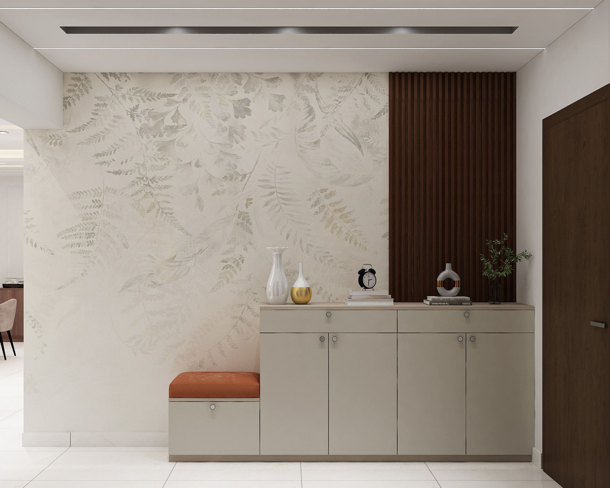 Modern Foyer Design with Pumic Grey Suede Laminate Storage Units | Livspace