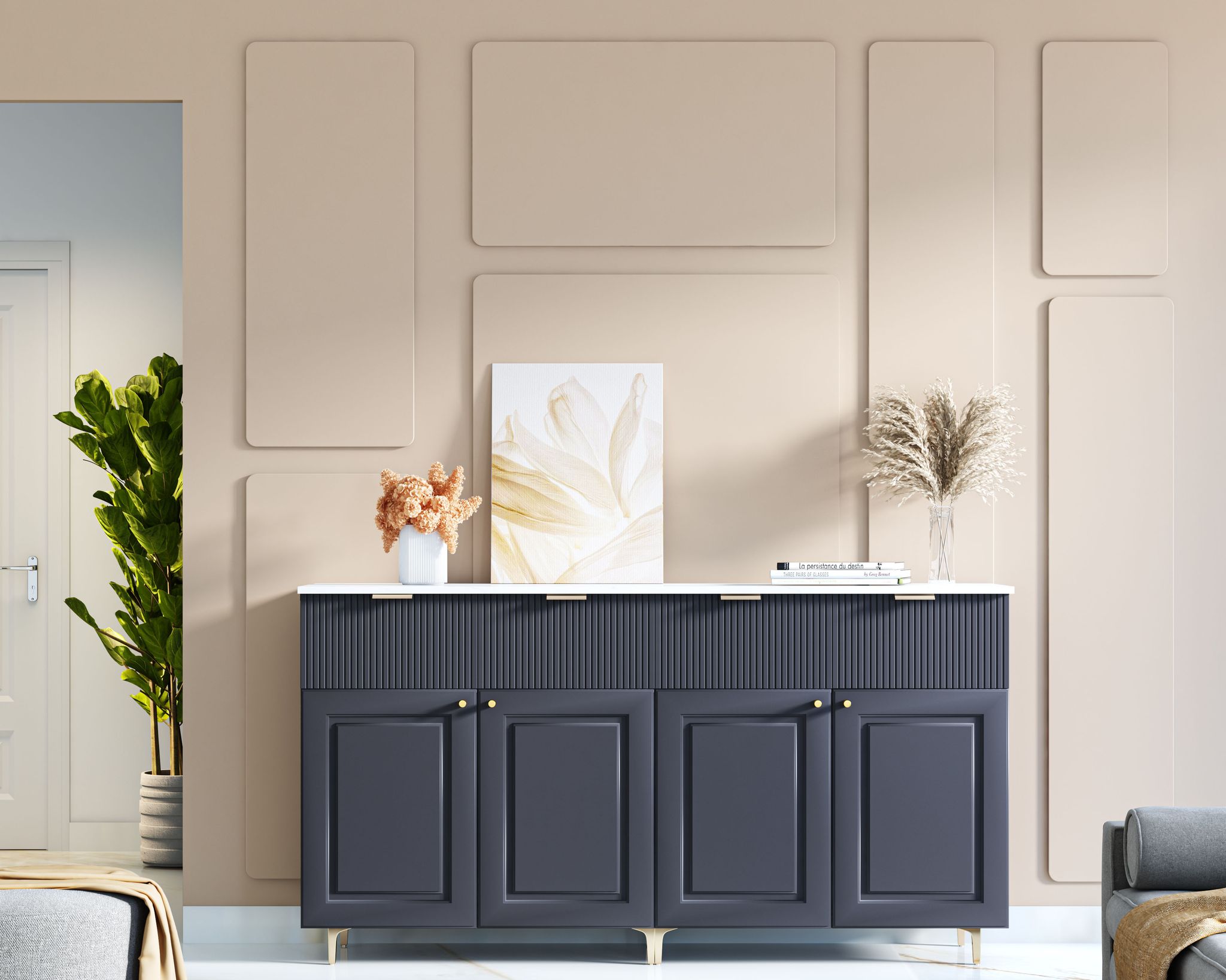 Classic Foyer Design with 3D Wall Paneling, Storage, and Brass Hardware ...