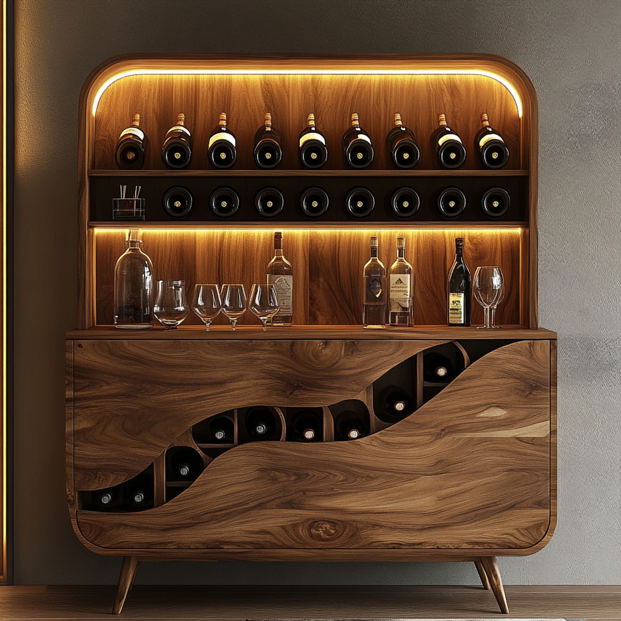 Modern Wood Home Bar Design with High Gloss Veneer Finish, Wine Racks ...