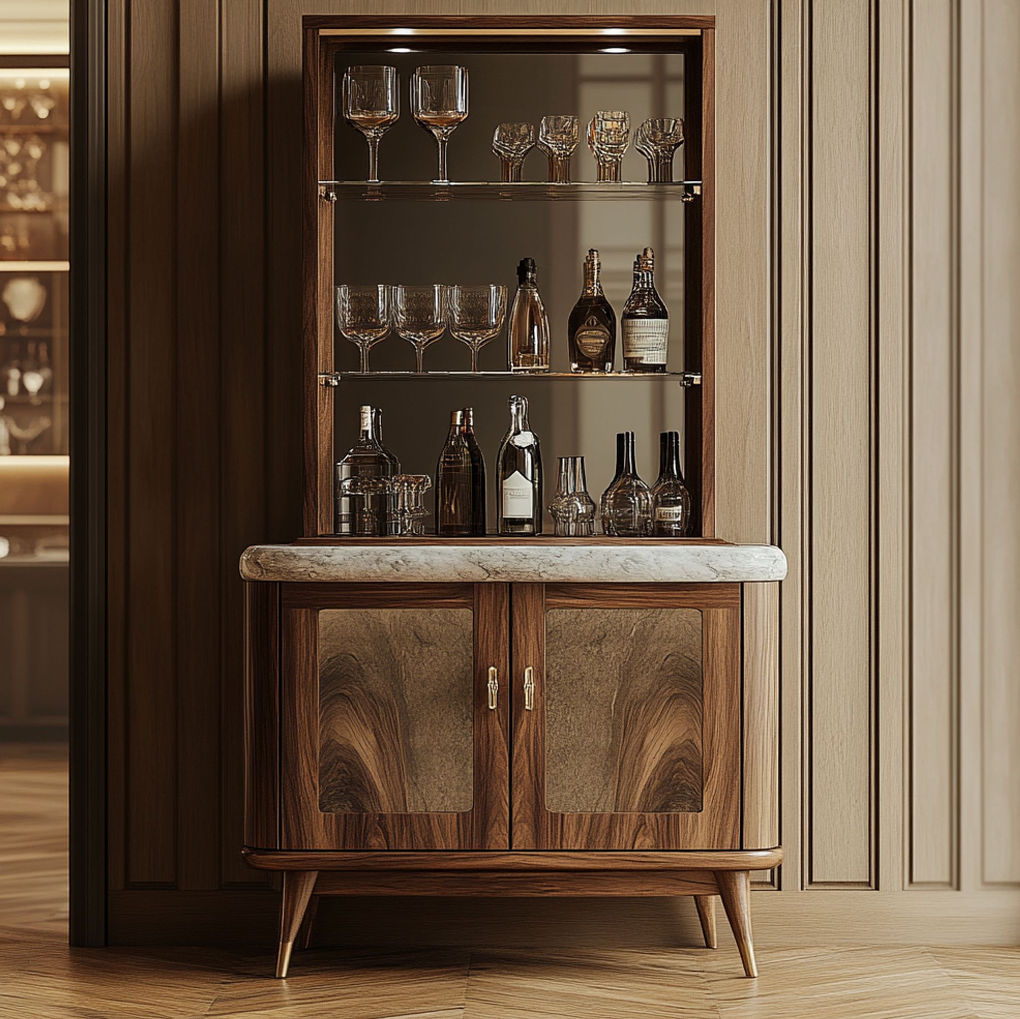 Walnut Brown Mid-century Modern Home Bar Design with Mirrored Back and ...