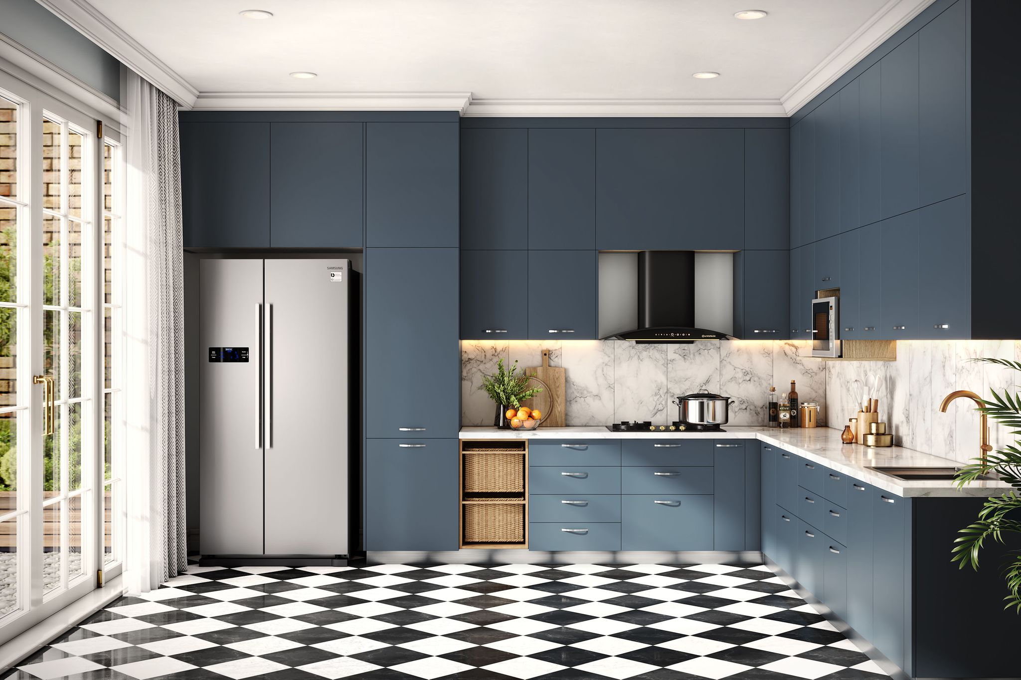 Contemporary L-Shaped Kitchen Design with Striking Patterned Flooring ...
