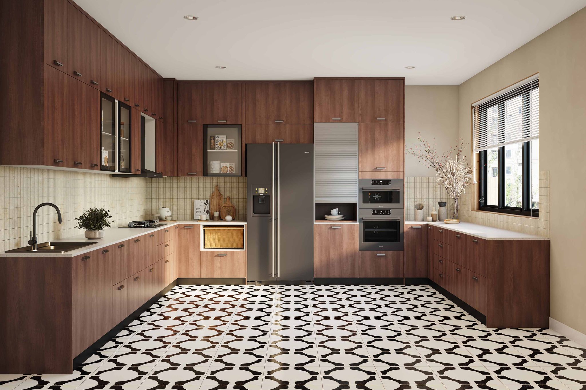 Warm Wood Rustic U-Shaped Kitchen Design with Glass-Front Cabinets ...