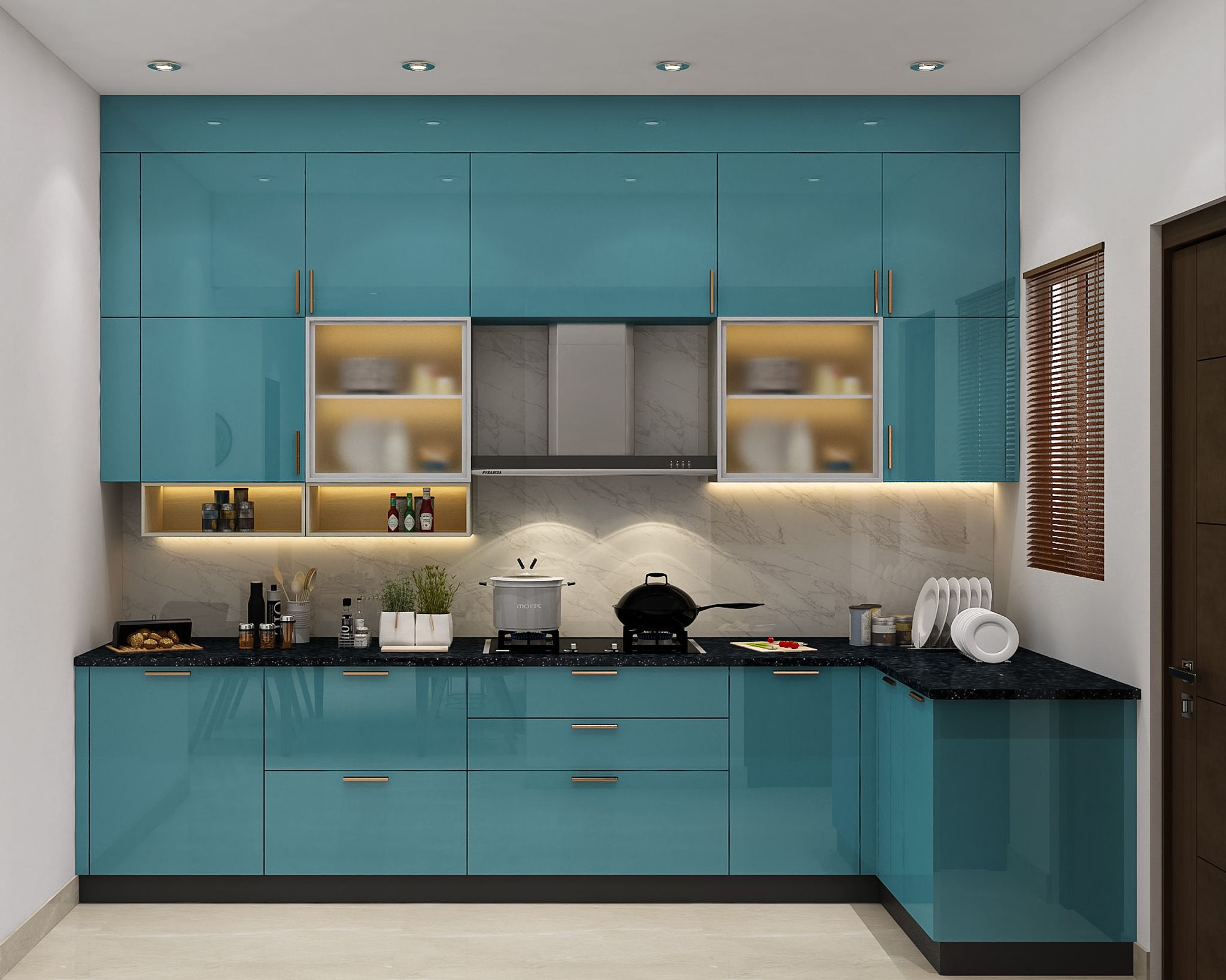 Teal Blue Modern L-Shaped Kitchen Design with Marble Backsplash and ...
