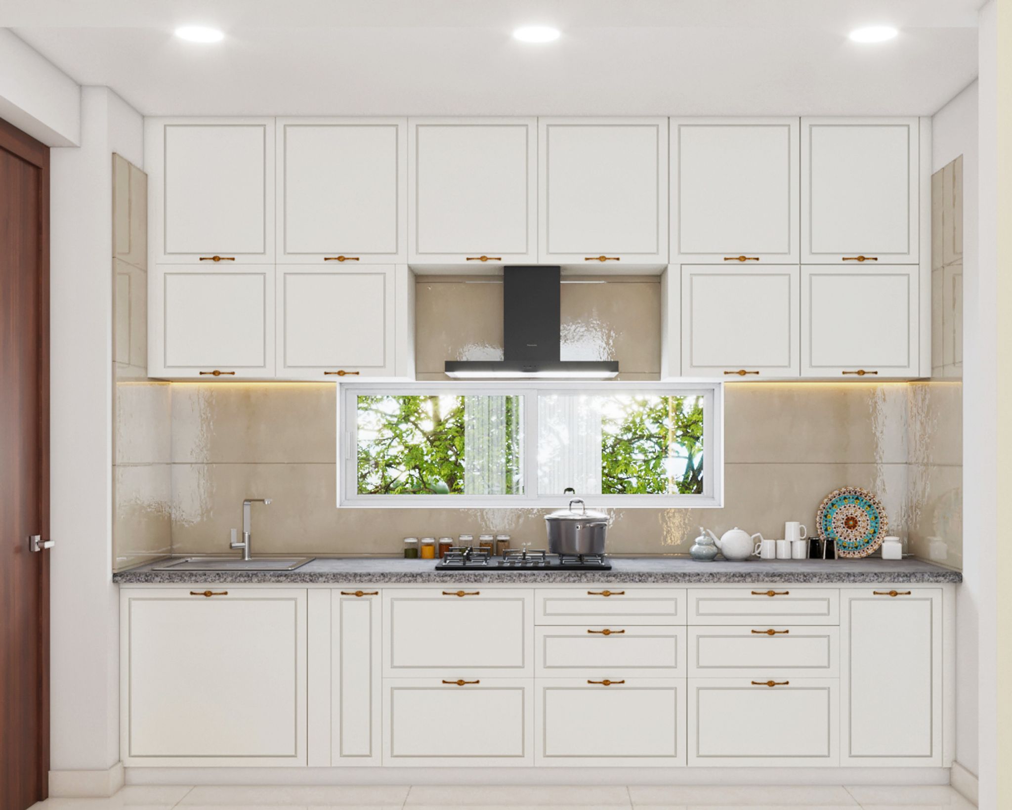 Off White Modern Straight Kitchen Design With Grey Countertop and Matte ...