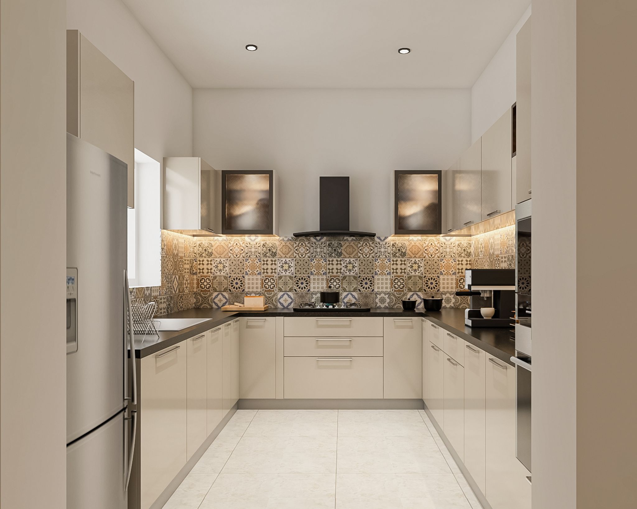 Champagne Coloured Contemporary U-Shaped Kitchen Design with LED ...