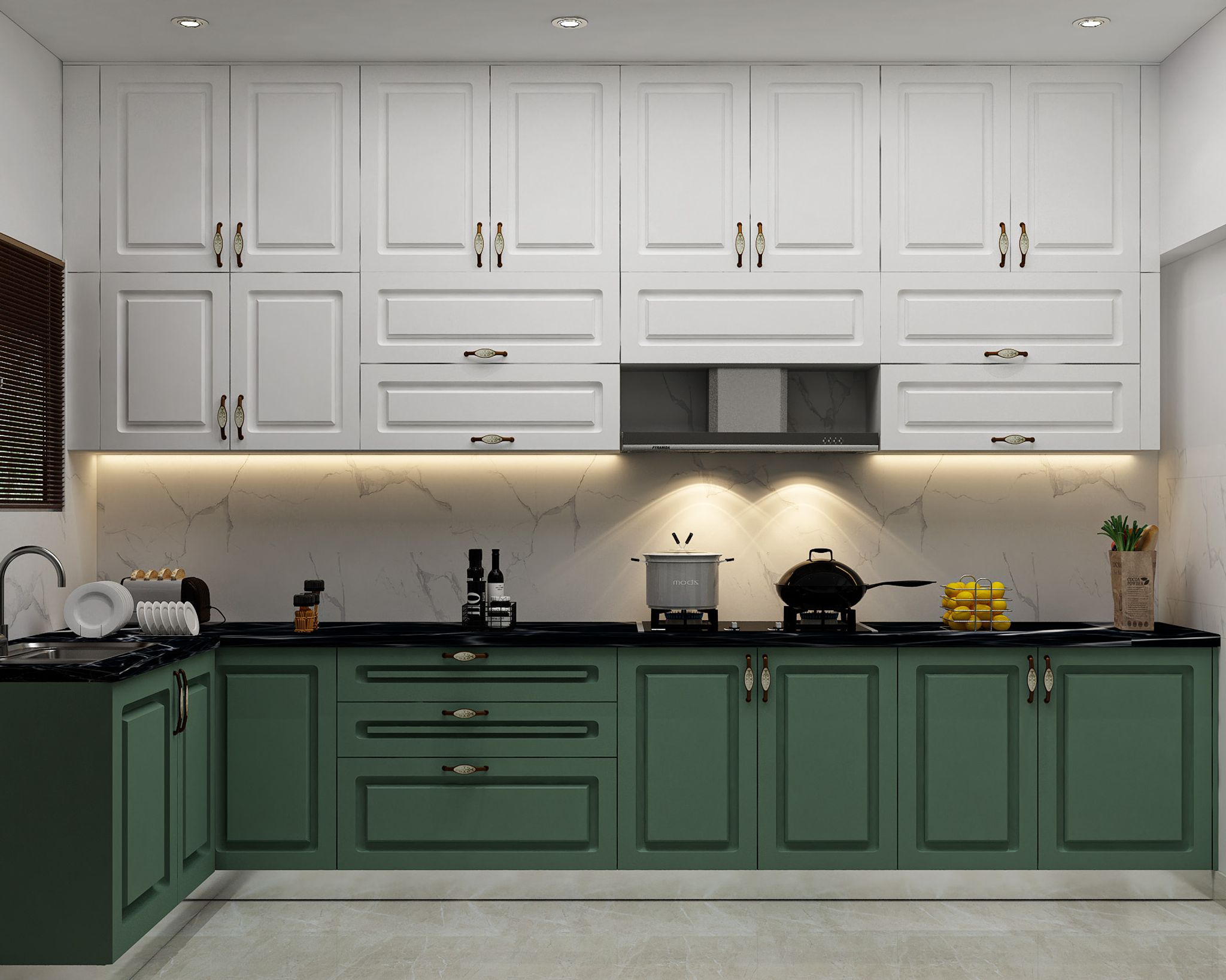 Classic Matte Finish L-Shaped Kitchen Design with Granite Countertop ...