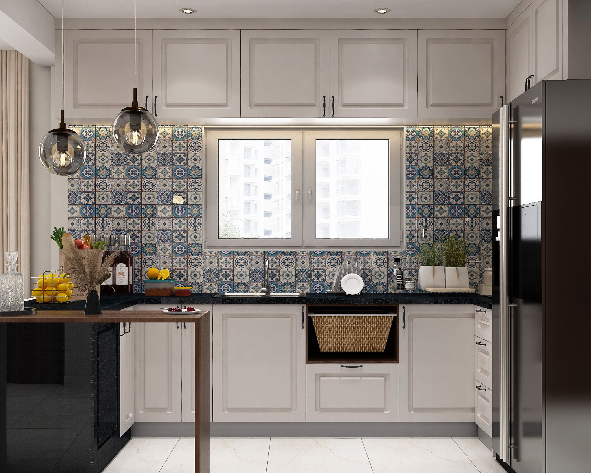 Off-White Classic L-Shaped Layout Peninsula Kitchen Design with Black ...