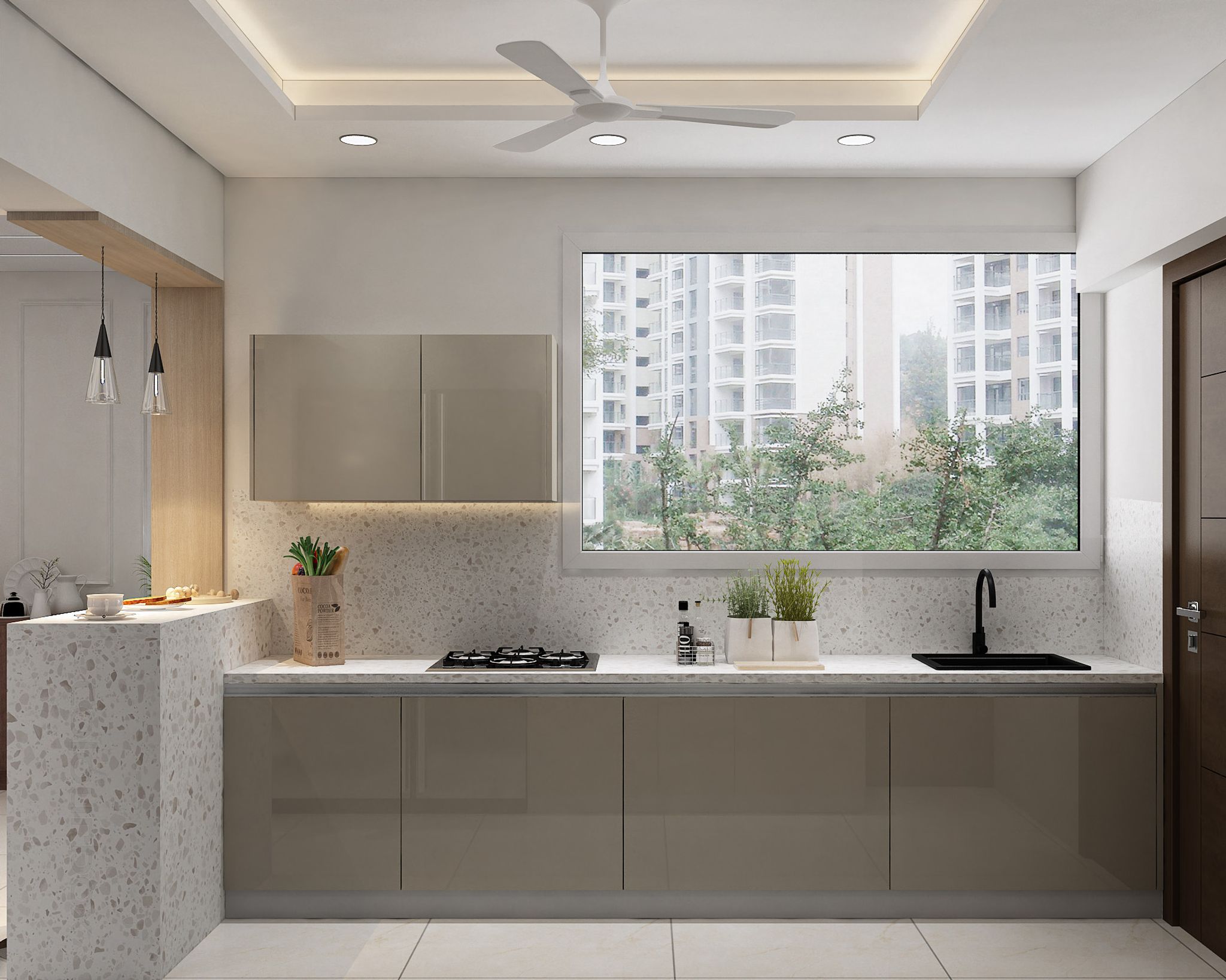 Minimal Parallel Kitchen Design with Breakfast Bar, Handleless Cabinets ...