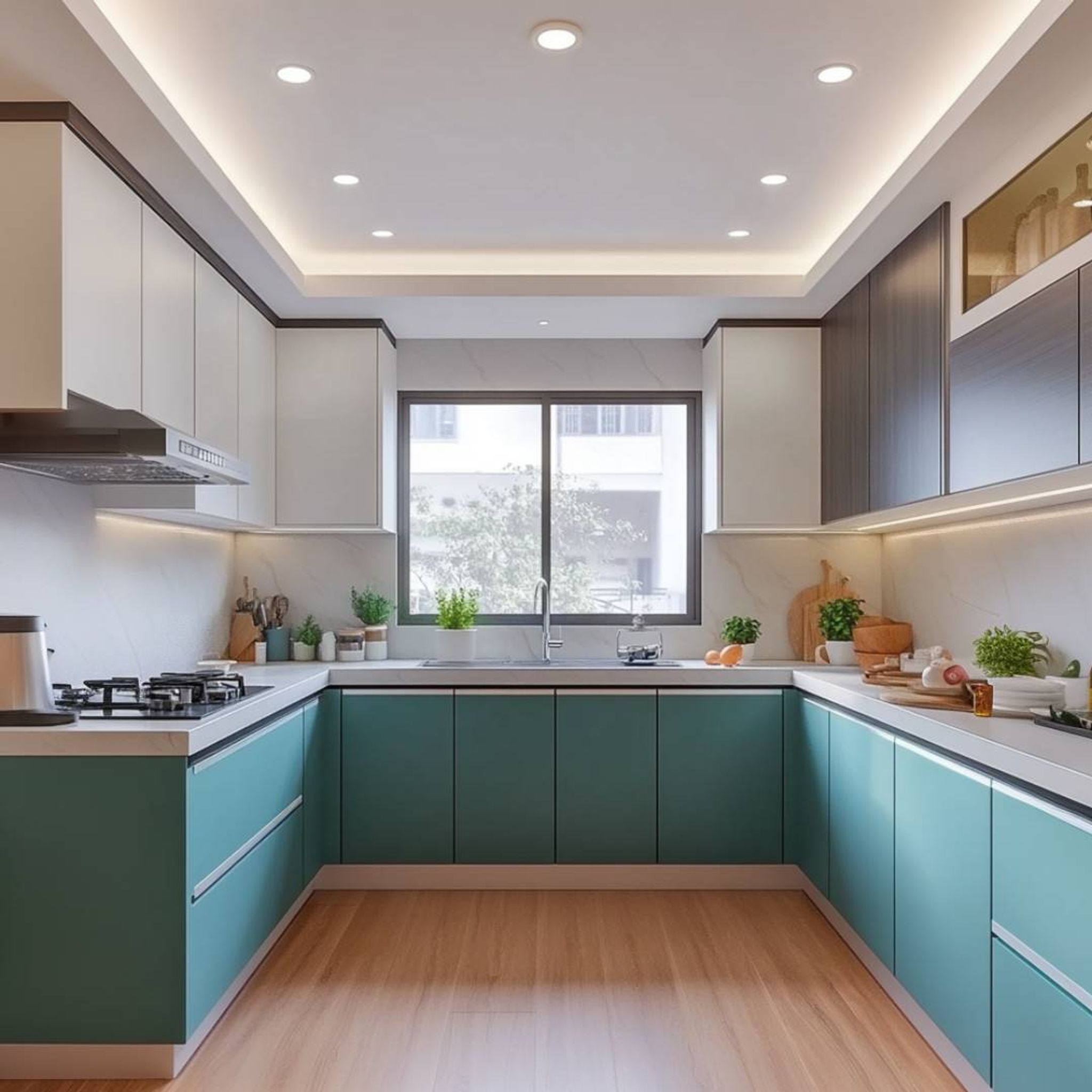 Blue and Frosty Acacia Modern U-Shaped Kitchen Design with Cabinets and ...