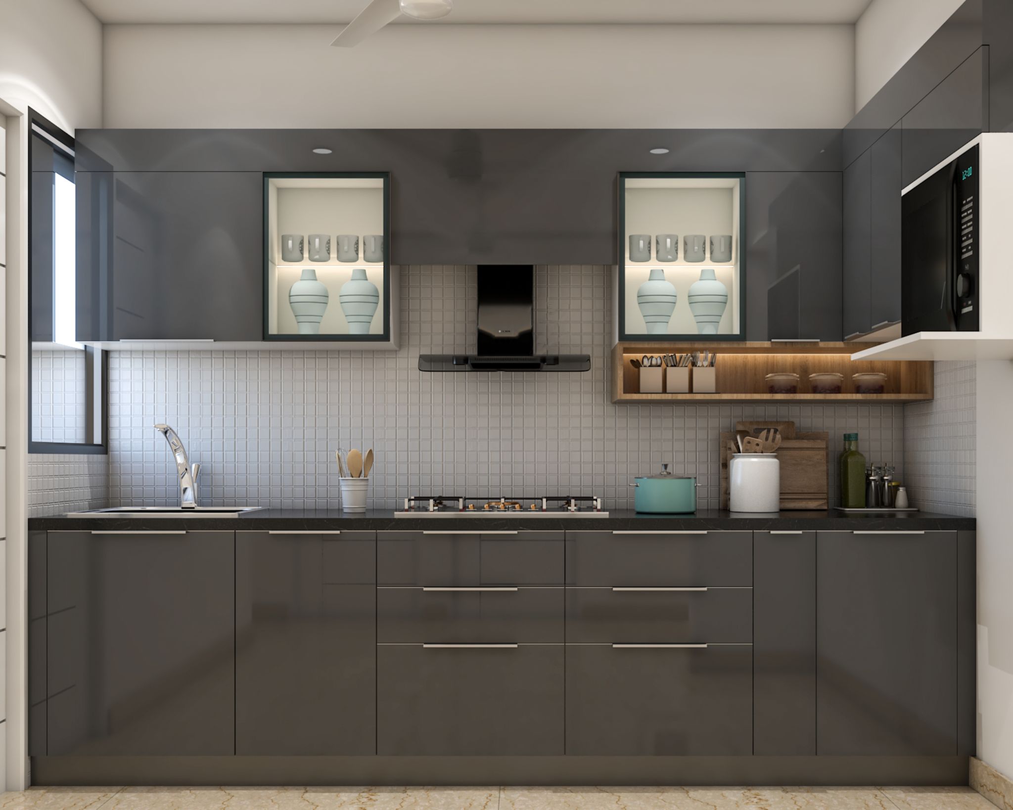 High-Gloss Modern Grey Open Kitchen Design With Textured Backsplash and ...